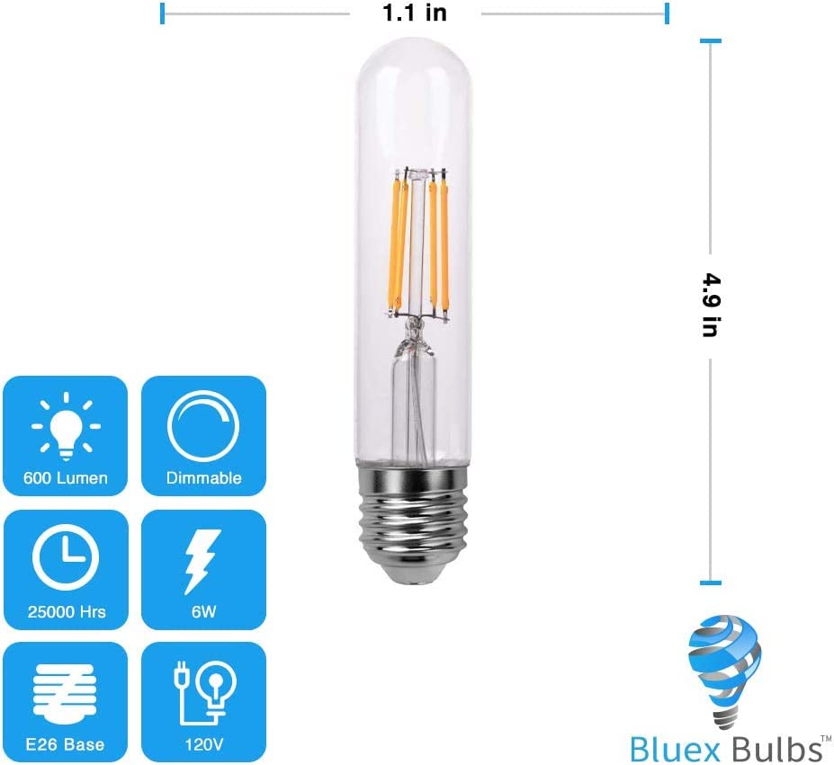 6 Pack T10 LED Bulb 6W Dimmable E26 Base Tubular Light Bulb 2700K Warm White 60W Equivalent 800lm T10 Bulb for Rustic Pendant, Wall scones Tube Light Bulbs Desk Lamp Filament Vintage Edison Light Bulb