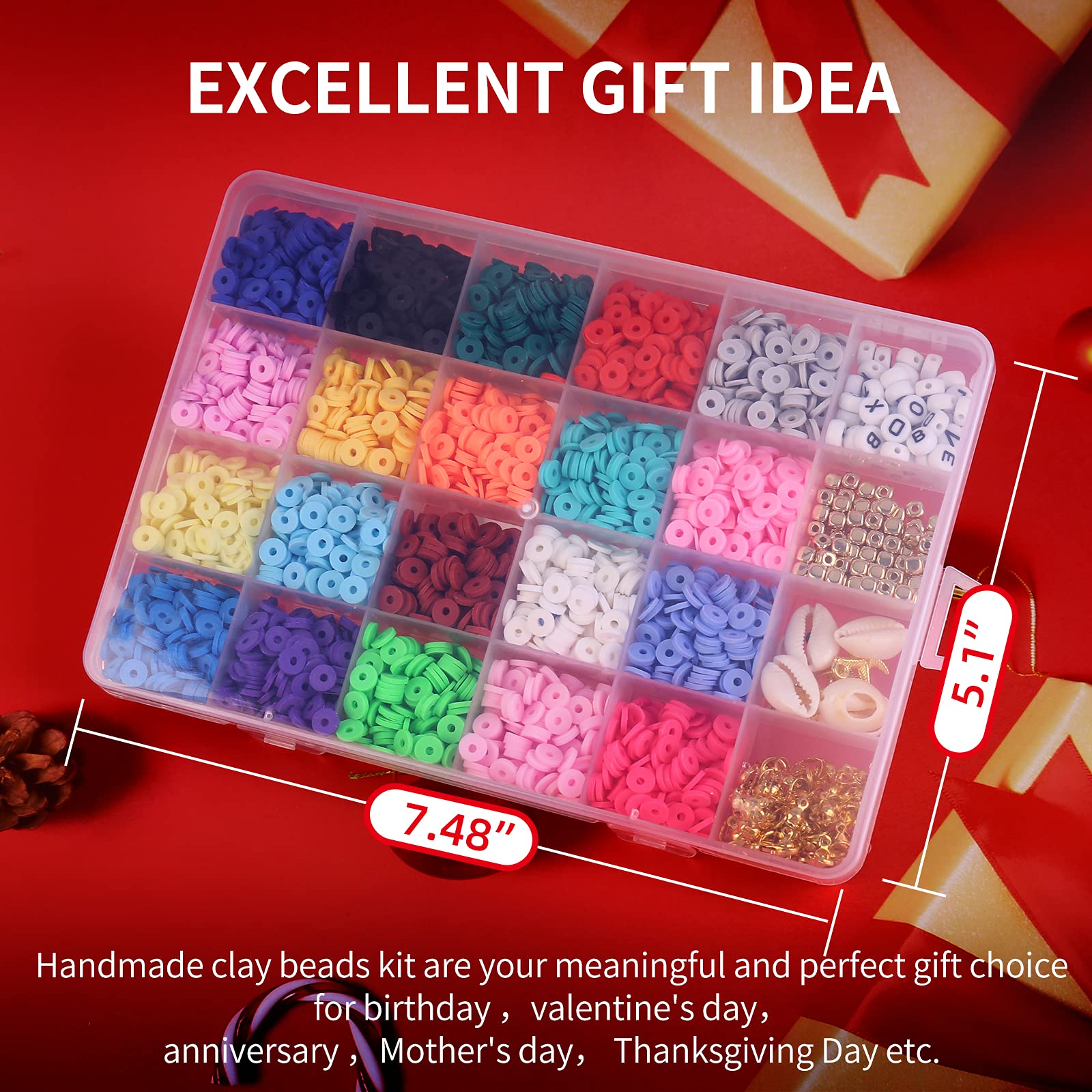 4000 PCS 6MM Polymer Clay Fimo Rainbow Color Beads, Flat Disc Heishi Beads, Multicolor Polymer Beads with 4 Roll Elastic Thread and Pendant Charms Kit