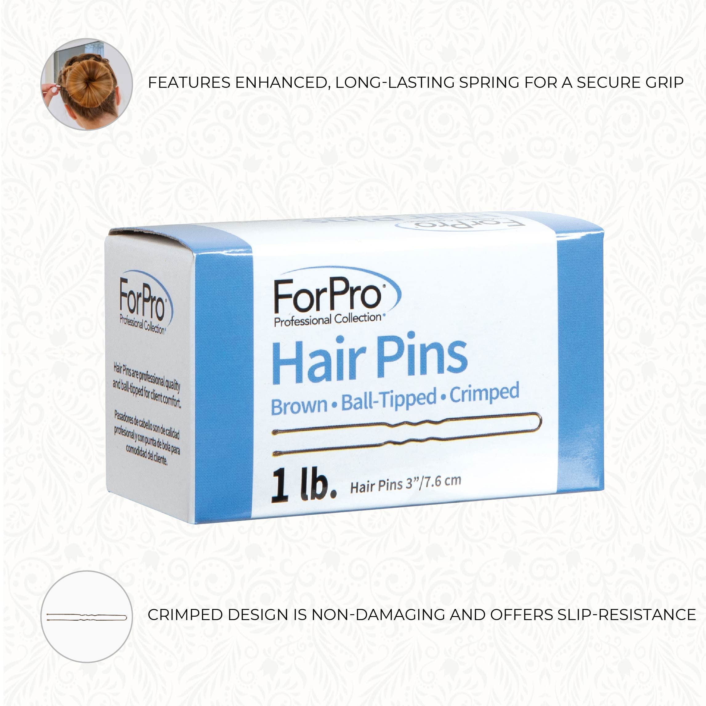 ForPro Professional Collection Hair Pins (320-Count Approx), Brown, 3" L, Ball-Tipped, Crimped, Non-Damaging, 1 Lb.