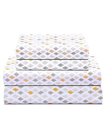 Feather & Stitch Softest 100% Cotton Sheets, Queen Size Sheet Sets, 4 PC Set, 300 Thread Count Percale Weave Bedding, 16" Deep Pocket, Cooling Sheets, Breathable Bed Set (Yellow Diamond)
