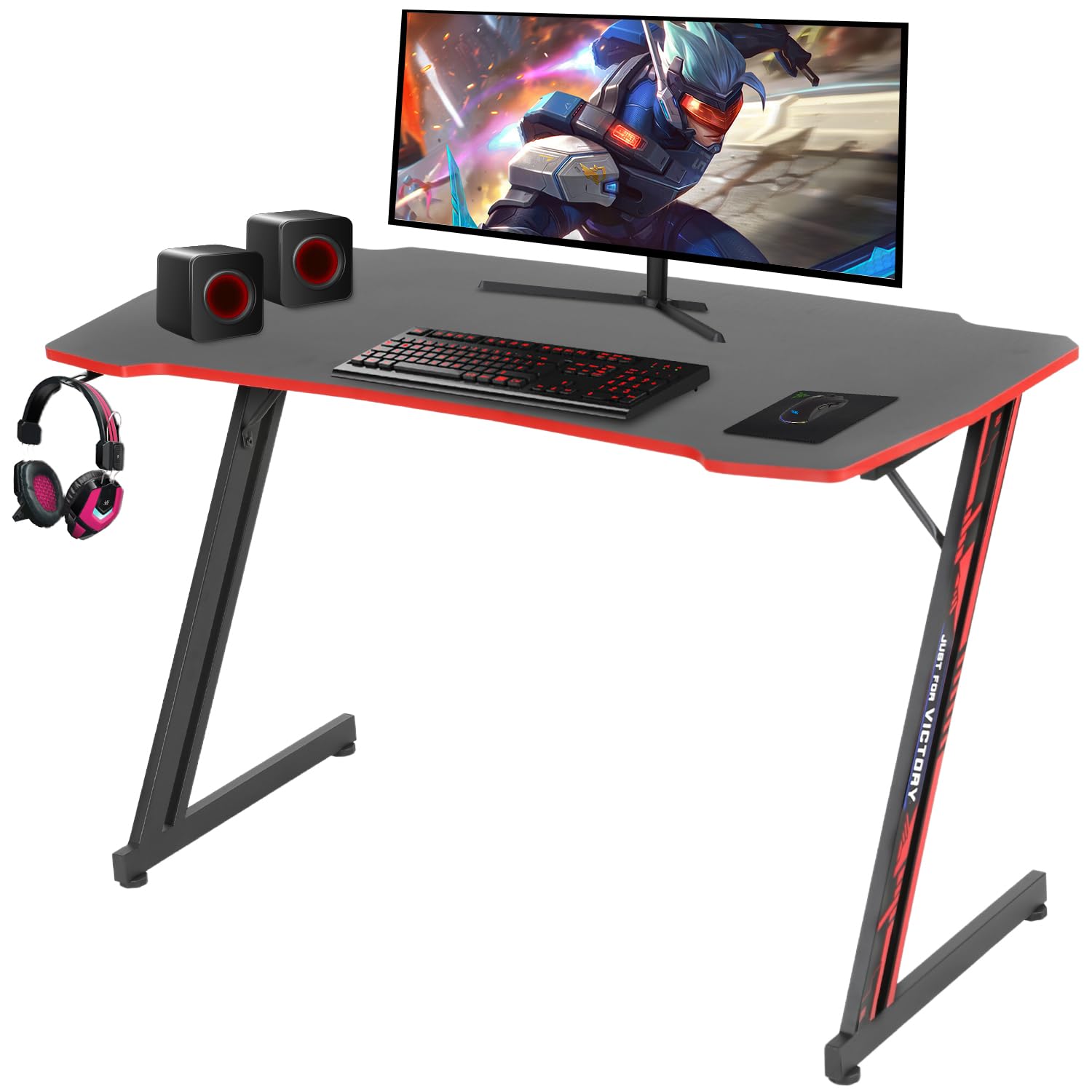 MGHH 47 Inch Gaming Desk Computer Desk Home Office Desk Z Shaped Ergonomic Simple PC Workstaion Gaming Table with Carbon Fibre Surface Headphone Hook Adjustable Leveling Foot for Gamer Player,Red