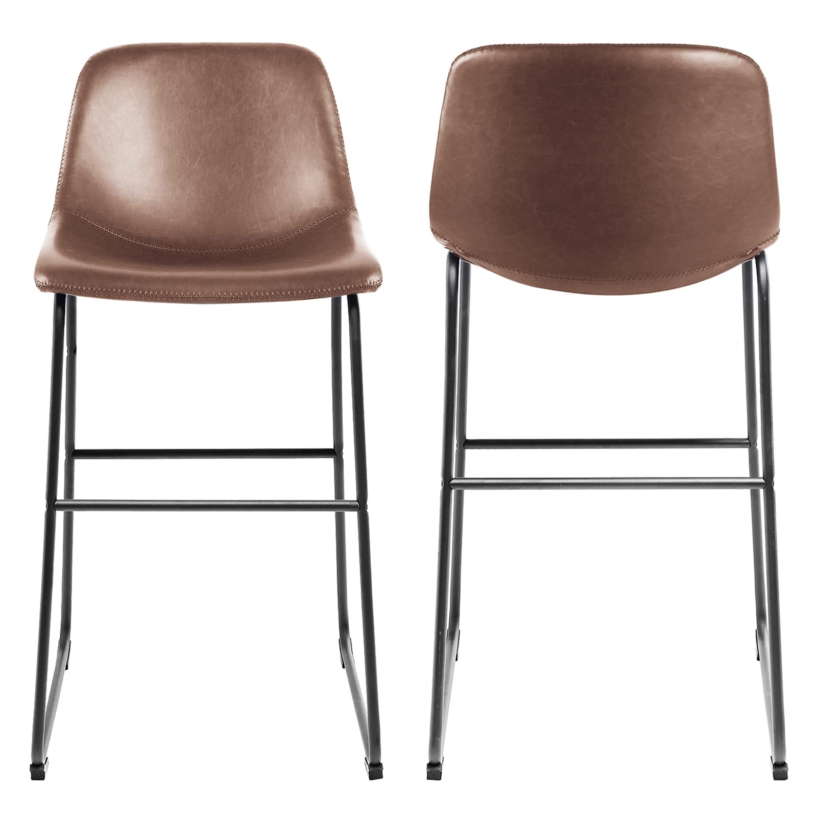 5Rcom PU Leather Bar Stools, Set of 2, Tall Bar stools with Back and Footrest, Modern Upholstered Bar Height Stools with Black Metal Legs, 30-inch Seat Height Chairs for Kitchen Home Office Pub, Brown