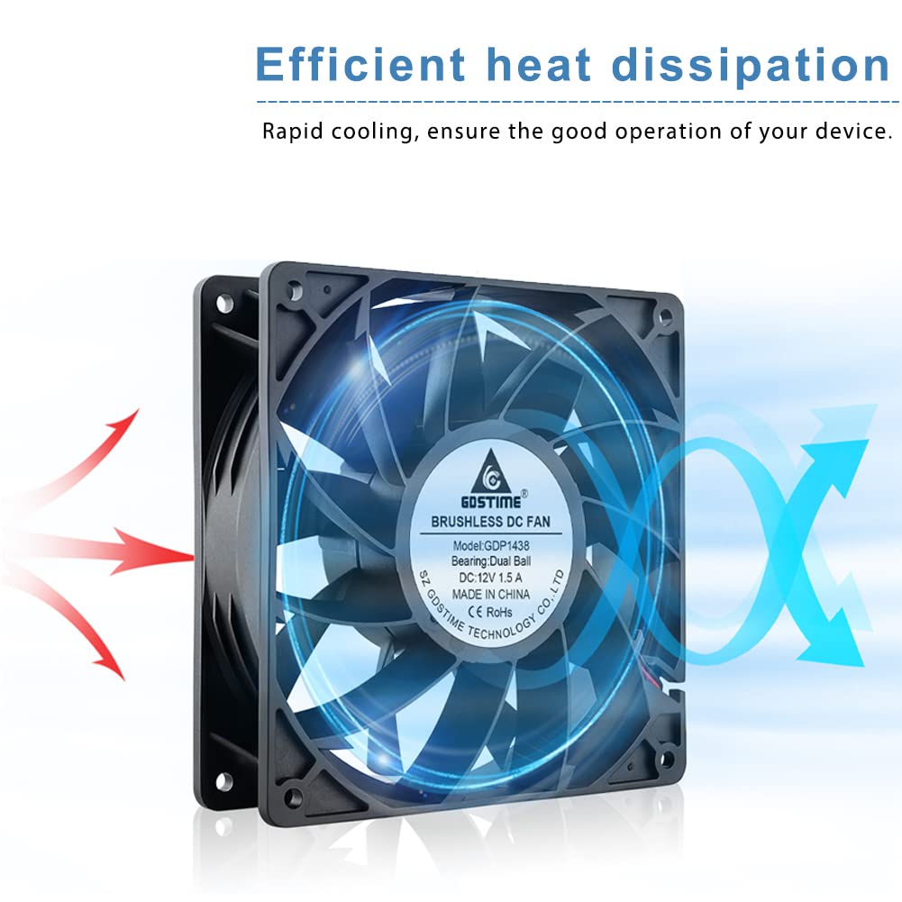 GDSTIME 140mm High Static Pressure Cooling Fan 2-Pin 140x140x38mm DC 12V Ball Bearing for Radiator Heatsink
