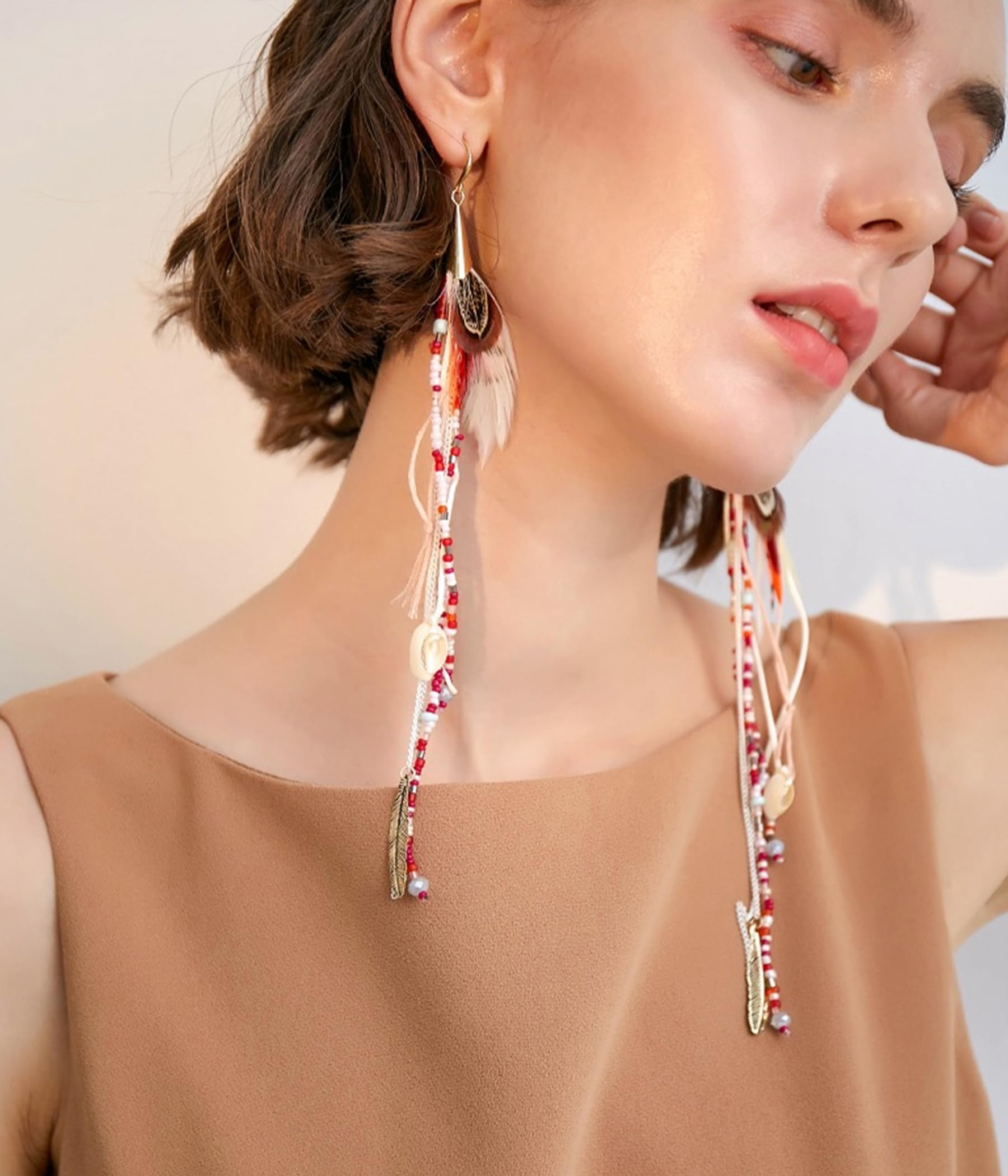 Boho Colorful Feather Feather Dangle Earrings for Women Bohemian Shell Beads Long Tassel Design Drop Earrings