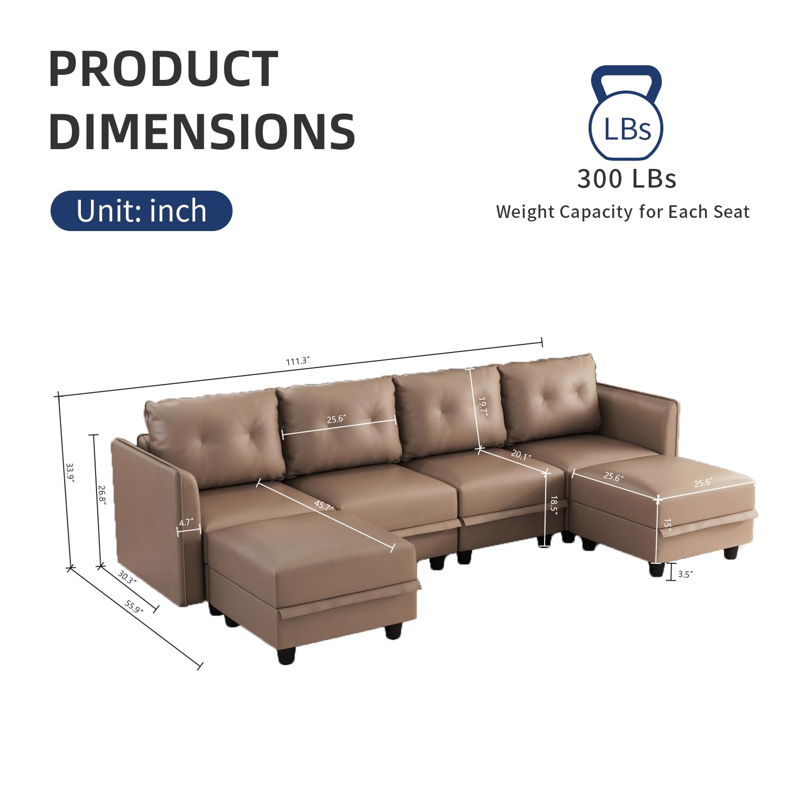LLappuil Modular Sectional Sofa, Convertible U Shaped Couch with Storage, Faux Leather Fabric Waterproof Sectional Couch for Living Room, 111.8" Width, 6 Seat Modular Sofa, Cognac Brown