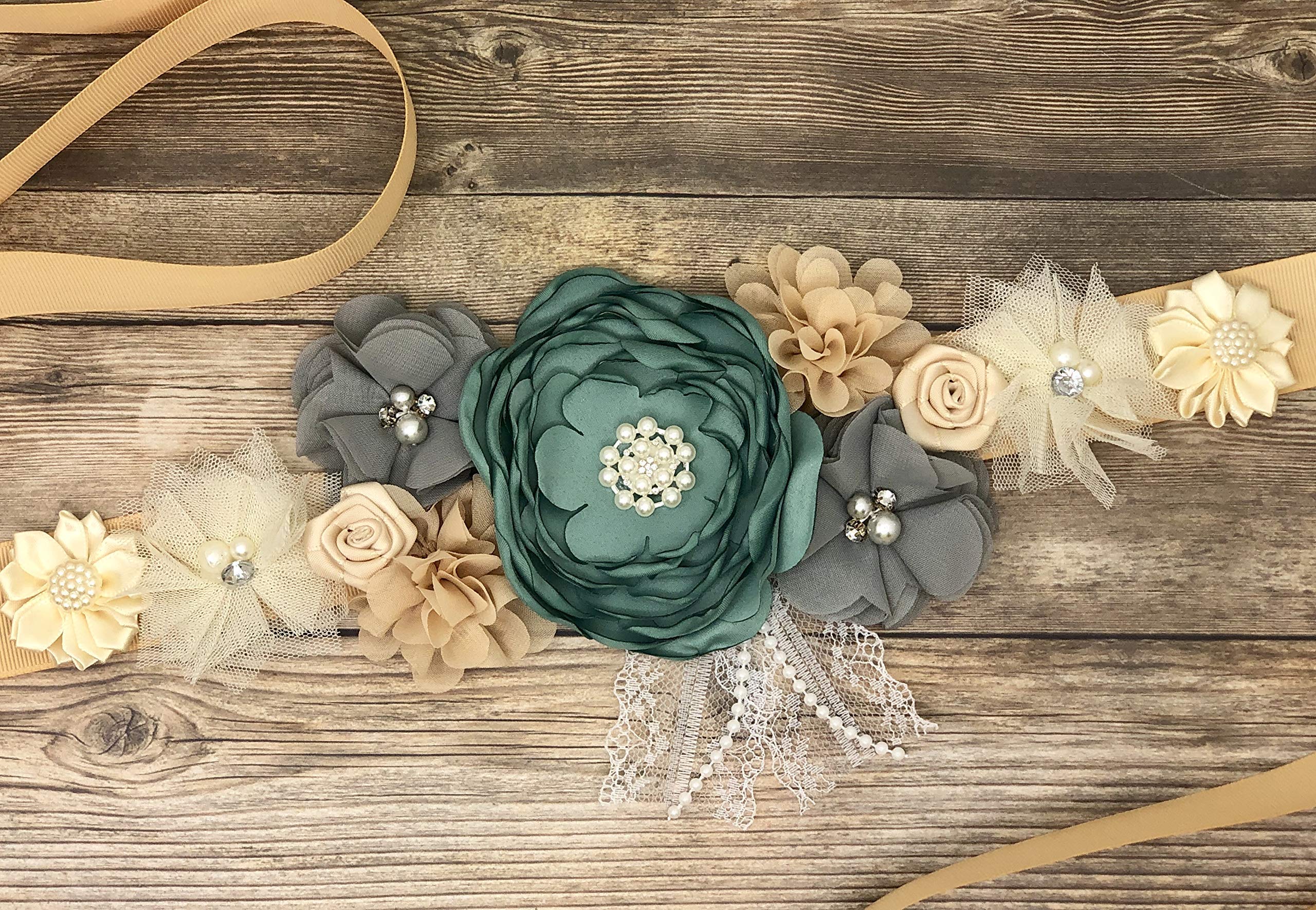 Sage Forest Green Flower Belt Sash Bridal Maternity Belly Band Brown Gray Flowers Baby Shower Gender Reveal Keepsake Gift