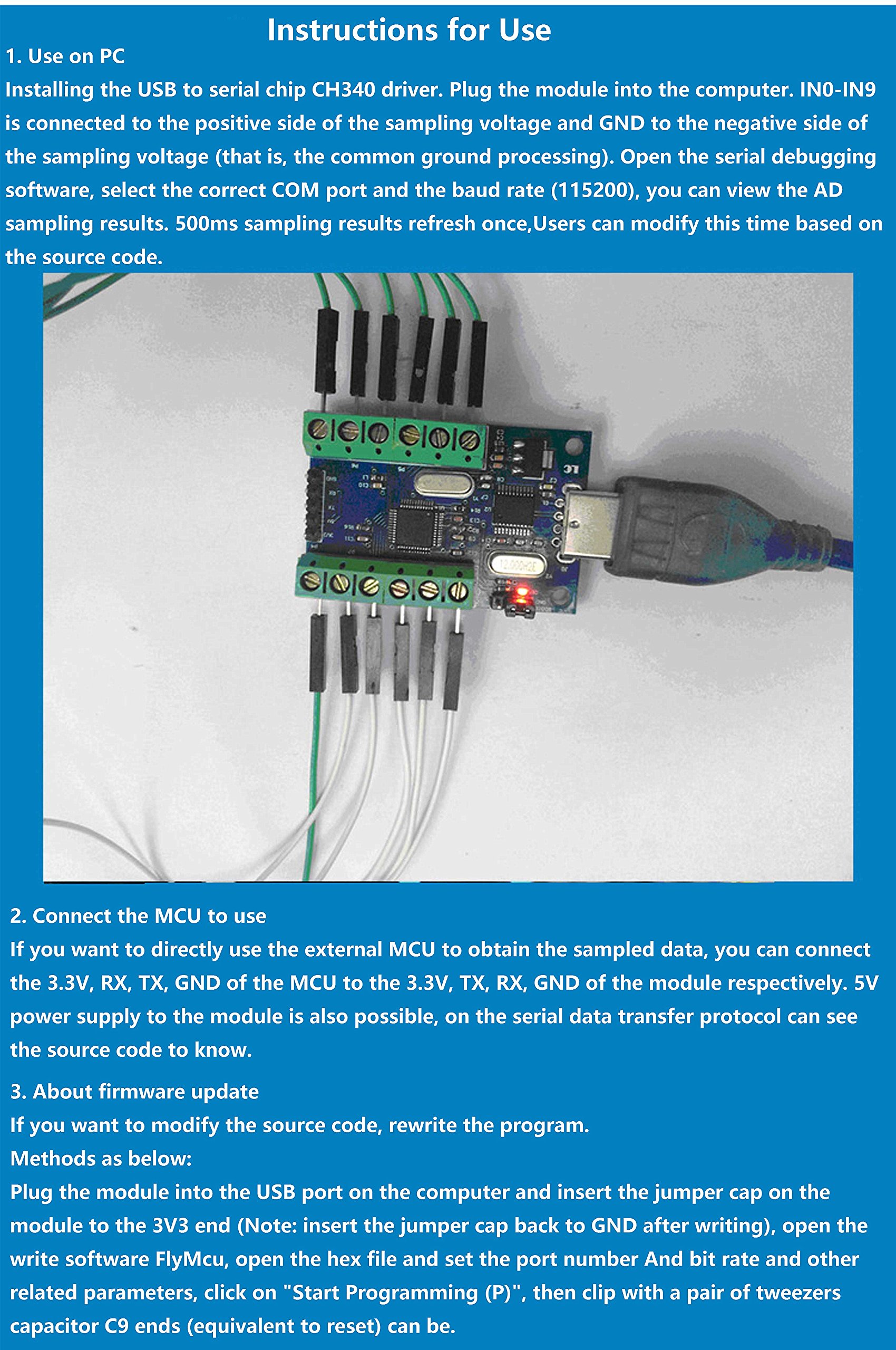 NOYITO USB 10-Channel 12-Bit AD Data Acquisition Module STM32 UART Communication USB to Serial Chip CH340 ADC Module