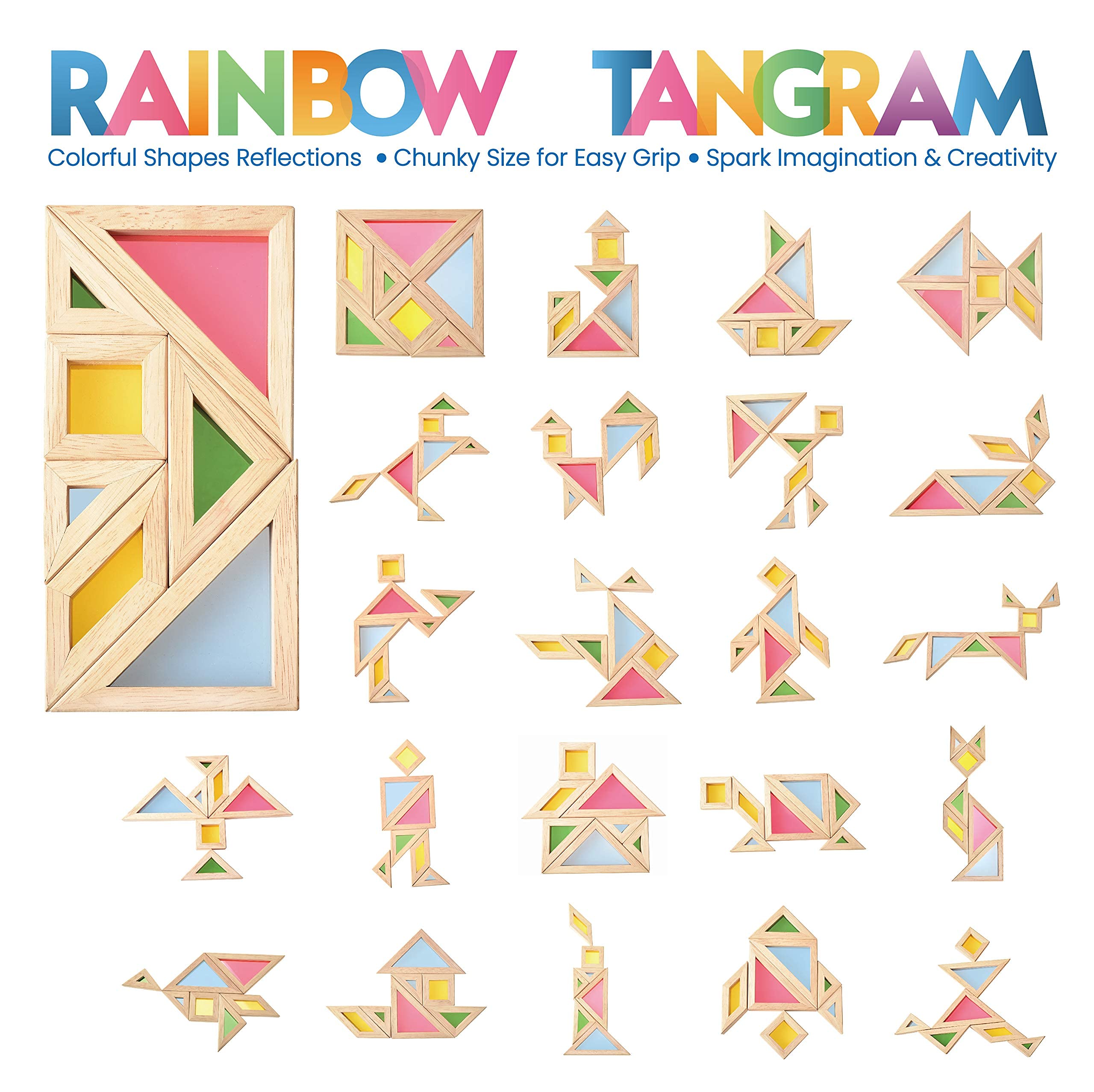 BOHS Translucent Tangram with Multilingual Activity Cards - 1 Inch Thickness - Preschool Gift - Kids Kindergarten Light Table Accessories/Window Puzzle Toys