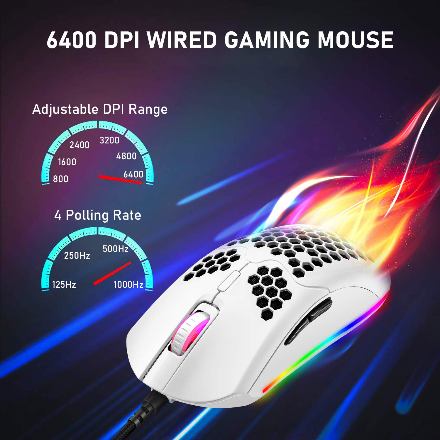 Compact 60% Mechanical Gaming Keyboard and Mouse Combo with Ergonomic Anti-ghosting 68 Key Rainbow RGB Backlight 6400DPI Honeycomb Mice Type-C Wired for PC Mac Gamer Office Typist(White/Blue Switch)