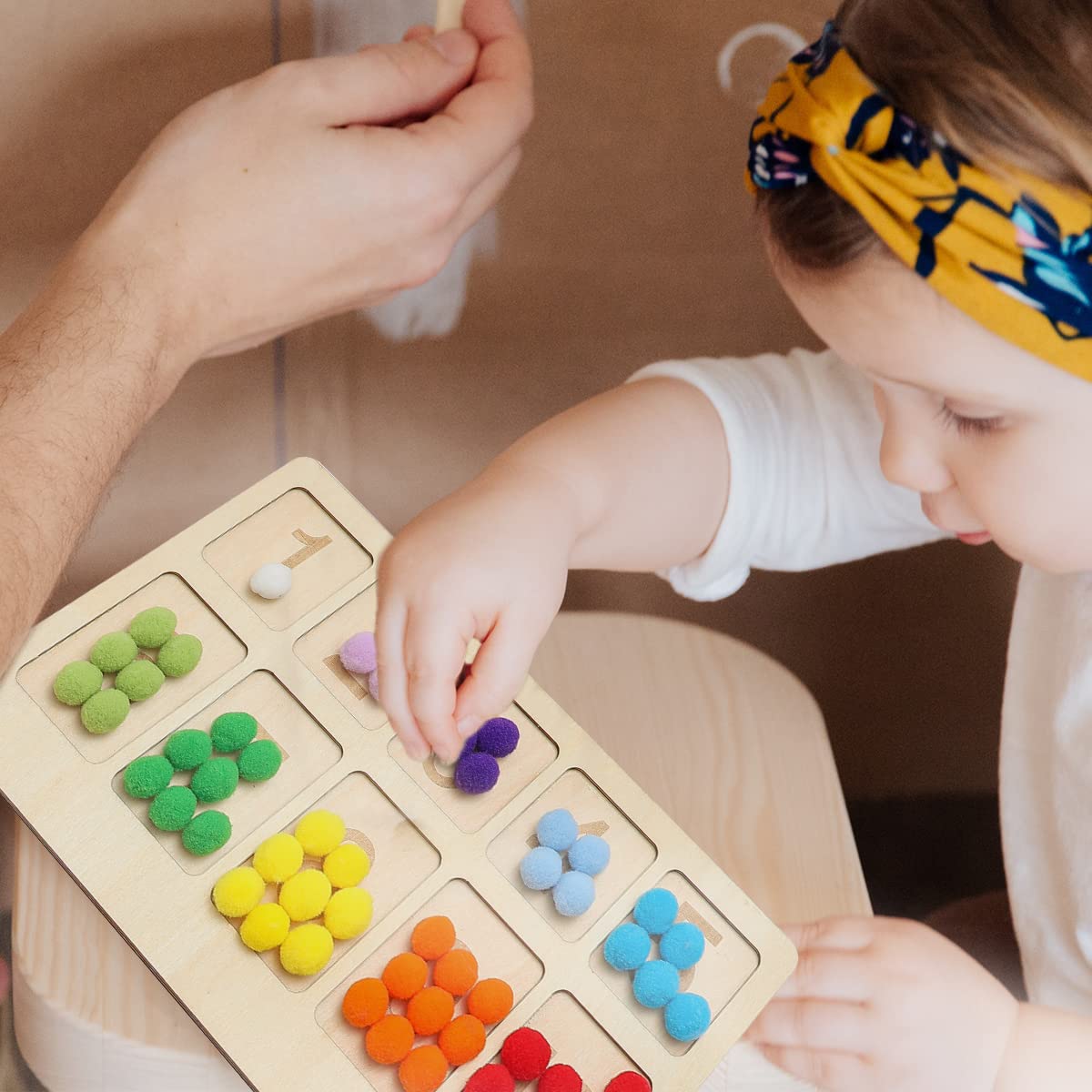 bopoobo Wooden Peg Board Beads Game Rainbow Clip Bead Puzzle of Pompon Clip Beads Early Education Puzzle Board Game Toddler Educational Montessori Games for Math Learning (Digital Board)