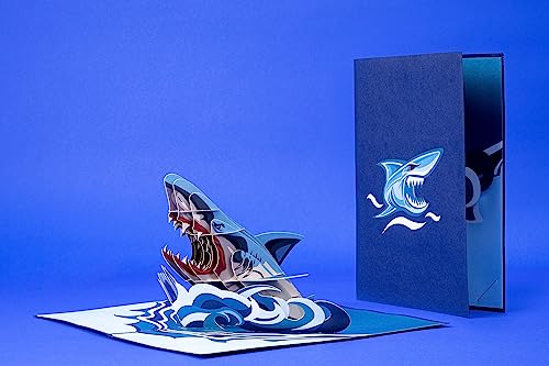 Paper Love 3D Pop Up Fathers Day Card, Shark, For Husband, Son, Anyone, All Occasion, Handmade - 5" x 7" Cover - Includes Envelope and Note Tag