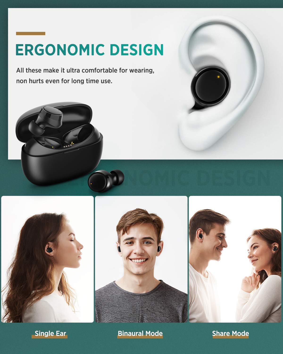 LASUNEY Bluetooth 5.0 True Wireless Earbuds with Charging Case, 60H Cyclic Playtime Waterproof Stereo Headphones with mic, in-Ear Earphones Headset for Sport
