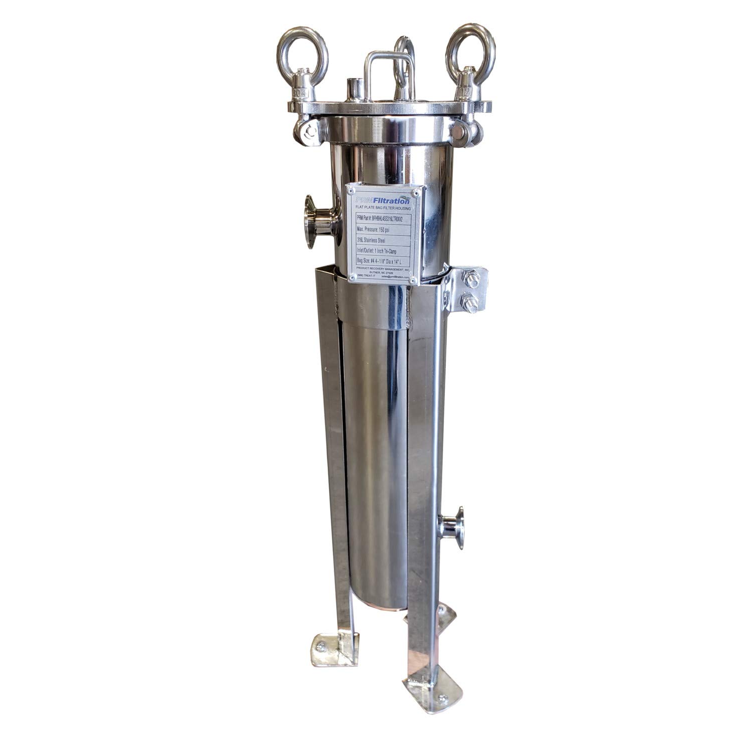 PRM #4 316L Stainless Steel Bag Filter Housing – 1" Tri Clamp Inlet/Outlet, Dual Port Side & Bottom, 150 PSI Max, 40 GPM Flow Rate, EPDM O-Rings, Stainless Strainer Basket, Drain Port, Mounting Stand