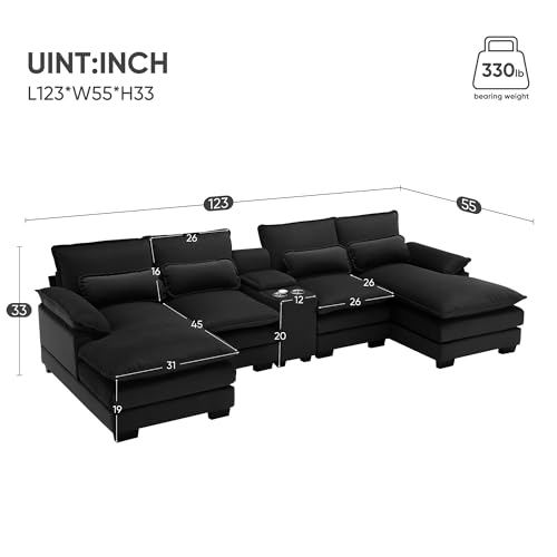 Acosure 123" L Modern U-Shaped Sofa with Double Cushions & 4 Waist Pillows,6-seat Upholstered Symmetrical Sleeper Couch Set W/Chaise & Console,Cupholders & USB Ports,for Living Room,Apartment,Black