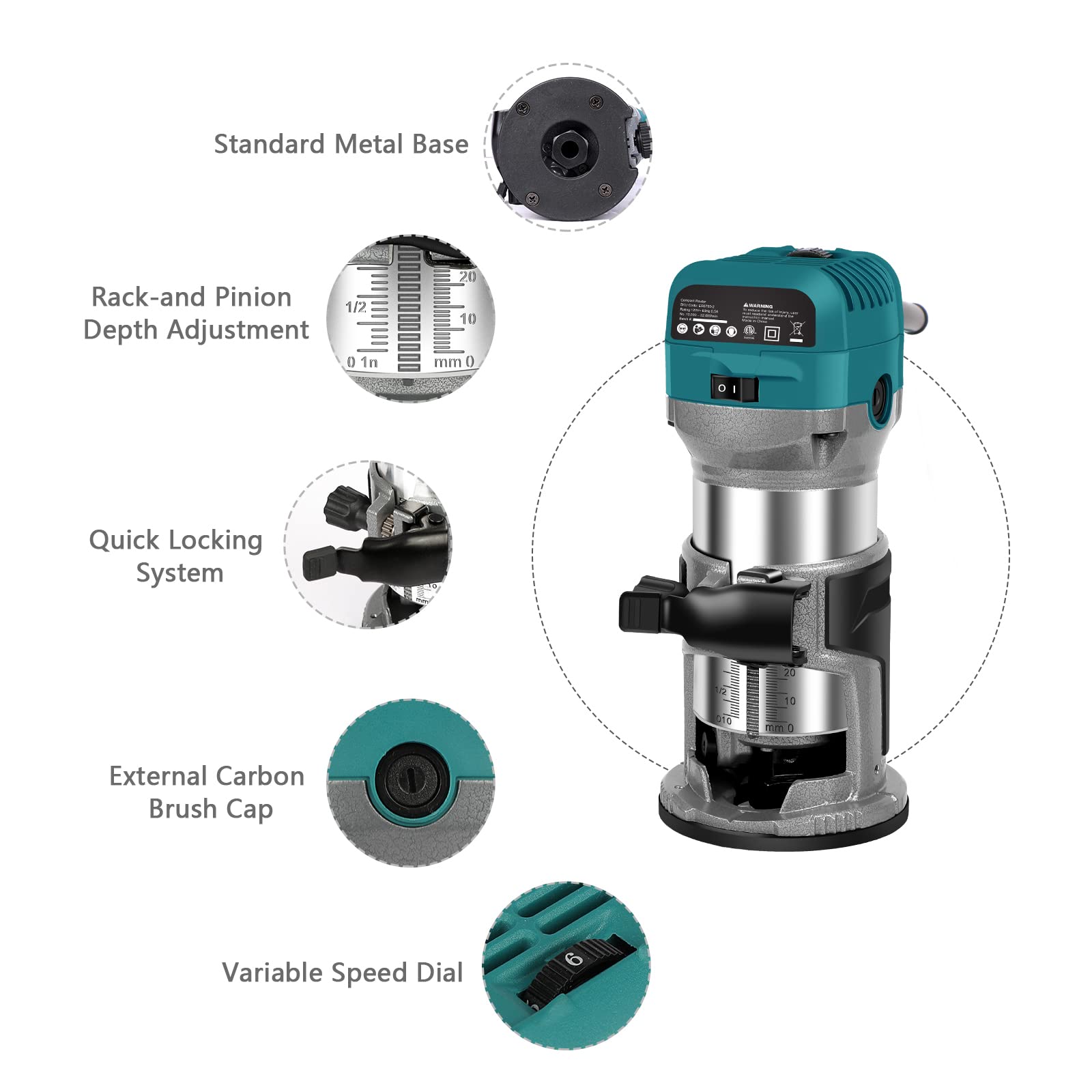 6.5-Amp Wood Router Tool, 1.25 HP Compact Trim Router with 6 Variable Speed, Fixed Base, 1/4" & 3/8" Collets, Edge Guide, Roller Guide, and Dust Hood