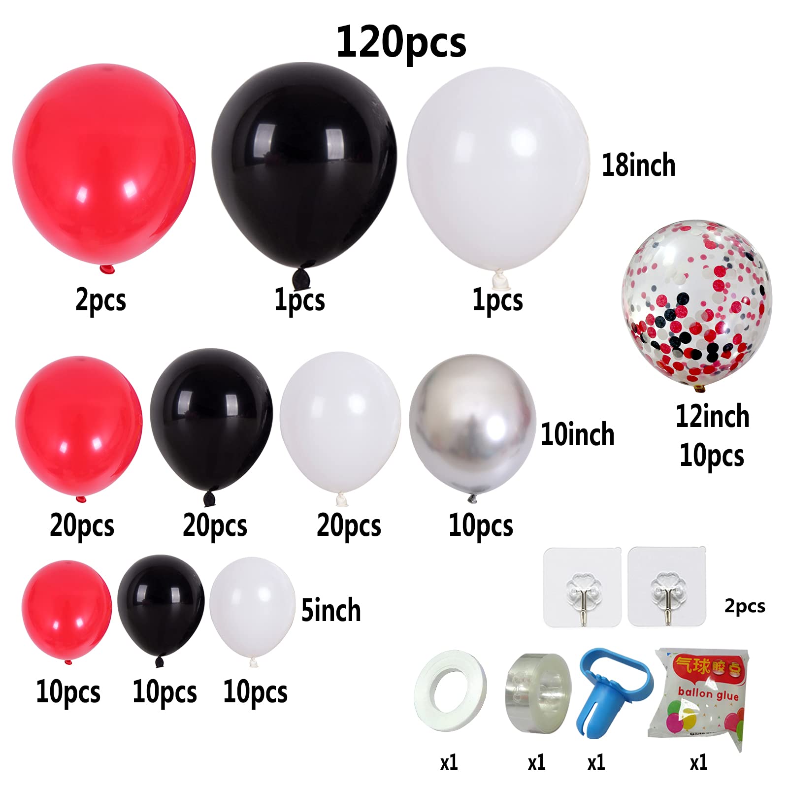 DIY Red Black White Silver Balloon Garland Arch Kit - Small and Large Red White Black Balloons Party Decorations for Graduation Birthday BBQ Baby Shower Party Decorations