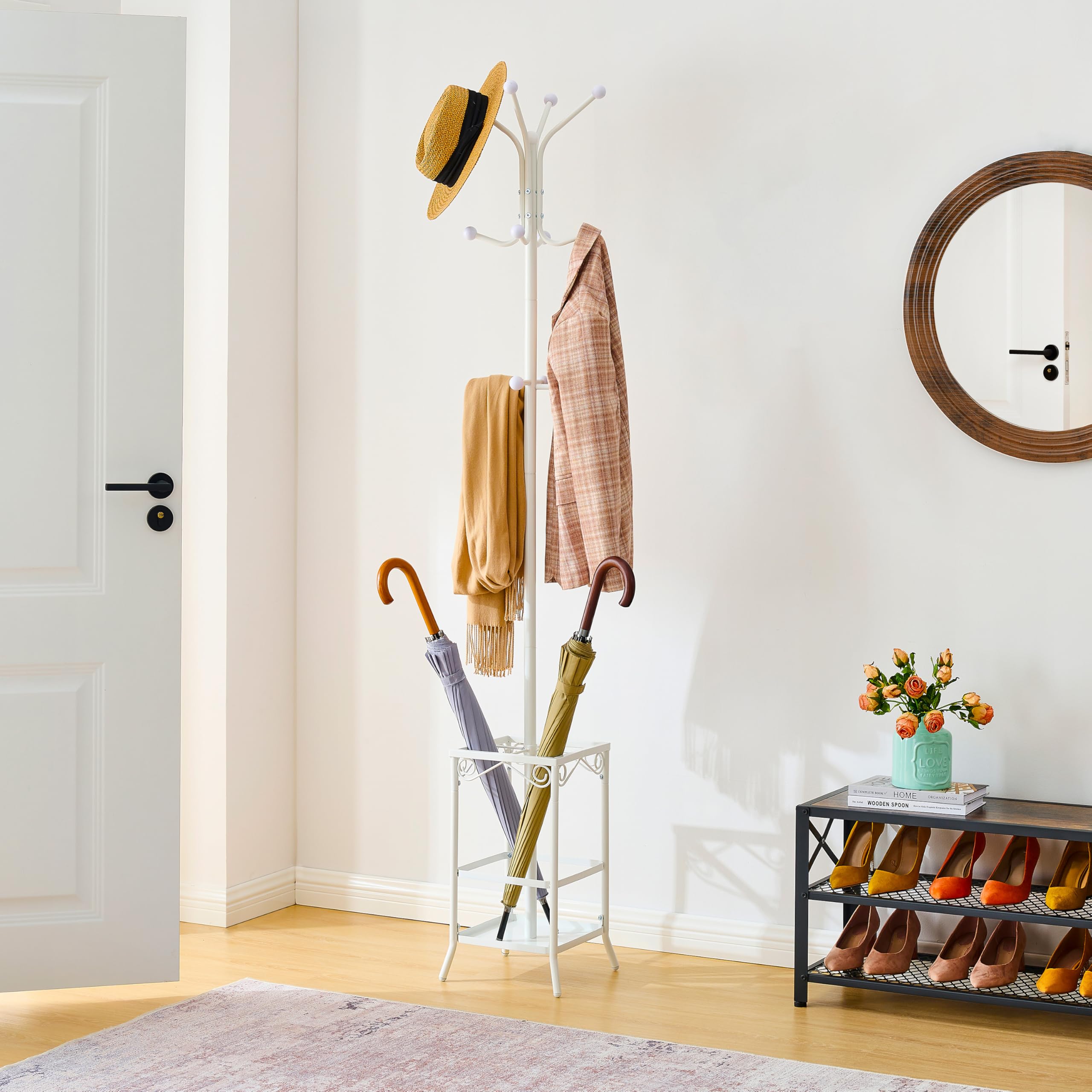 Hoctieon Coat Rack Freestanding, Entryway Coat Hanger Stand, Umbrella Holder, Hall Tree With 12 Hooks, Floor Standing Metal Tree Stand, White