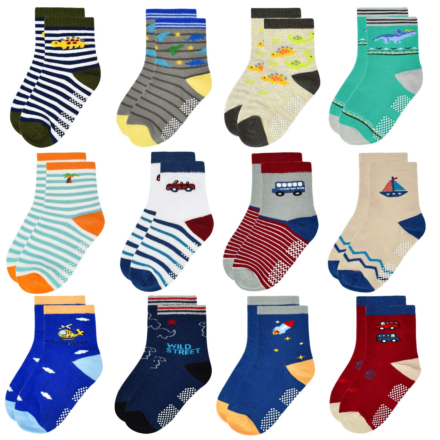 Tphon 12 Pairs Toddler Non Skid Socks with Grips Anti Slip Bottom, Cotton Non Slip Ankle Crew Socks for Boys, Girls, Kids(3-5Years)