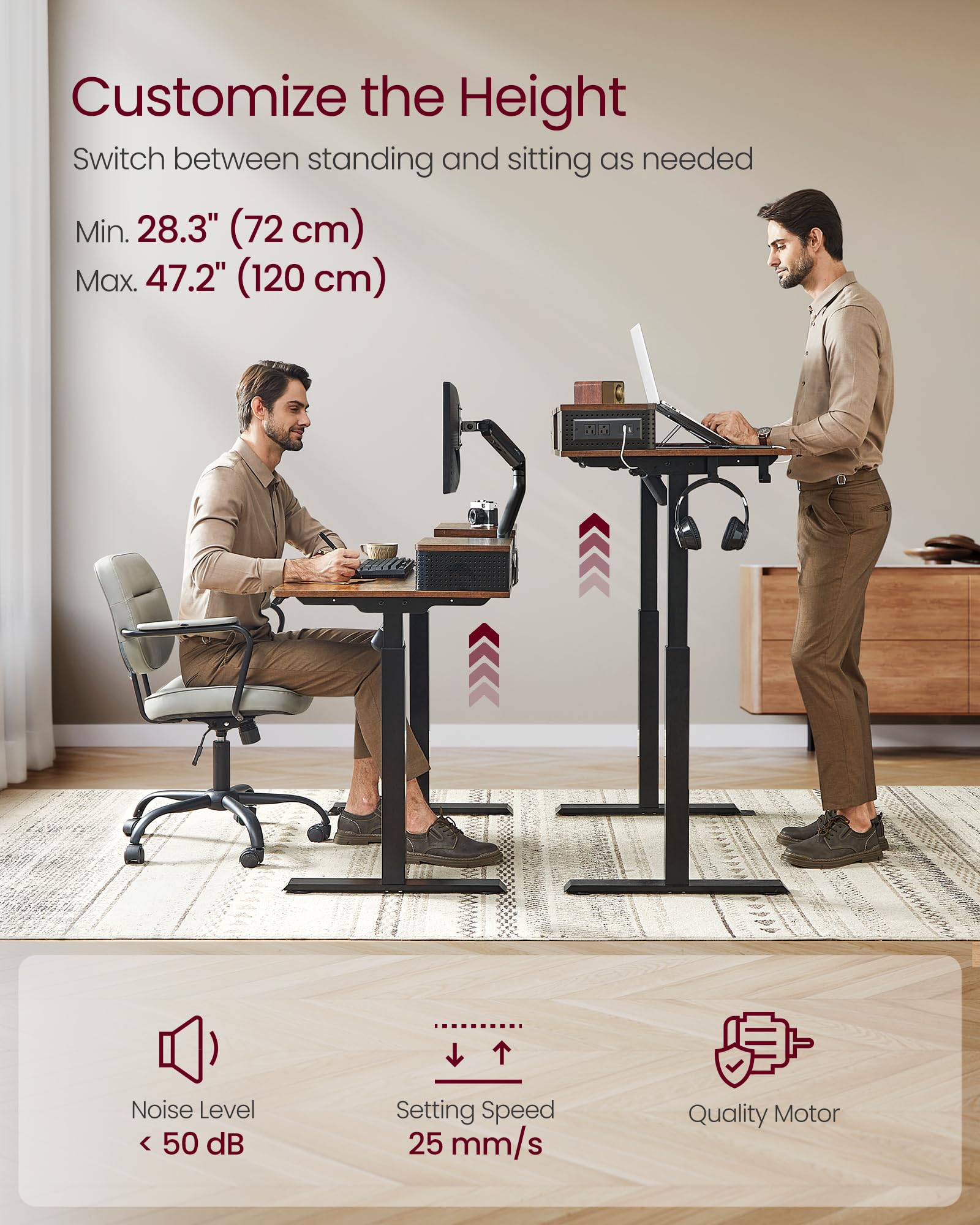 VASAGLE Electric Standing Desk with Drawers, Sit Stand Desk with Built-in Power Strip, Adjustable Height, 23.6 x 47.2 Inches, 2 Hooks, Memory Function, for Home Office, Rustic Brown ULSD182X21