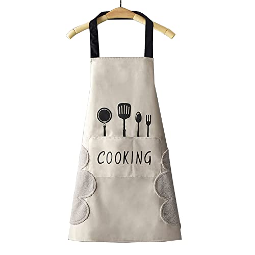 DILLMAN Women Kitchen Apron with Hand Wipe Pockets,Big Pocket,Hand-wiping, Waterproof for Cooking Baking (WHITE)