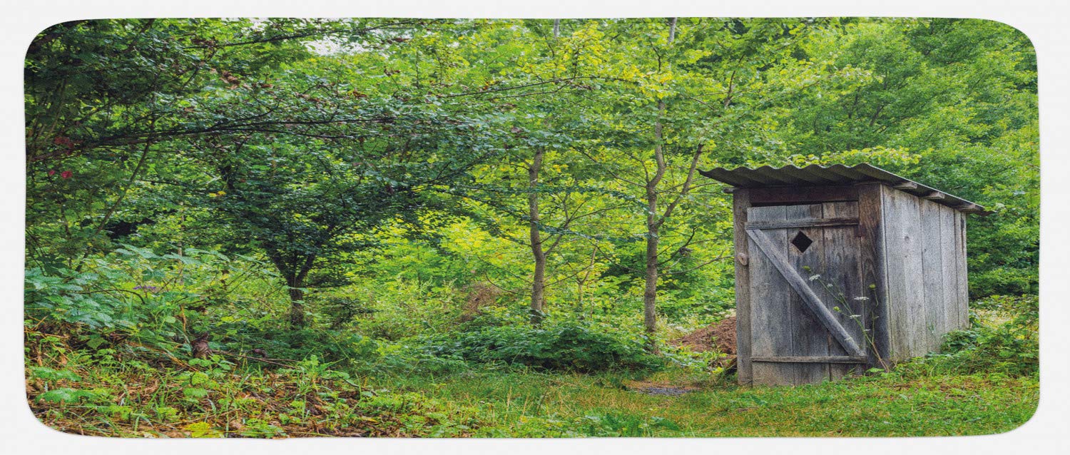 Ambesonne Outhouse Kitchen Mat, Old Cottage Outhouse in a Spring Mountian Forest Woods Image, Plush Decorative Kitchen Mat with Non Slip Backing, 47" X 19", Green Brown
