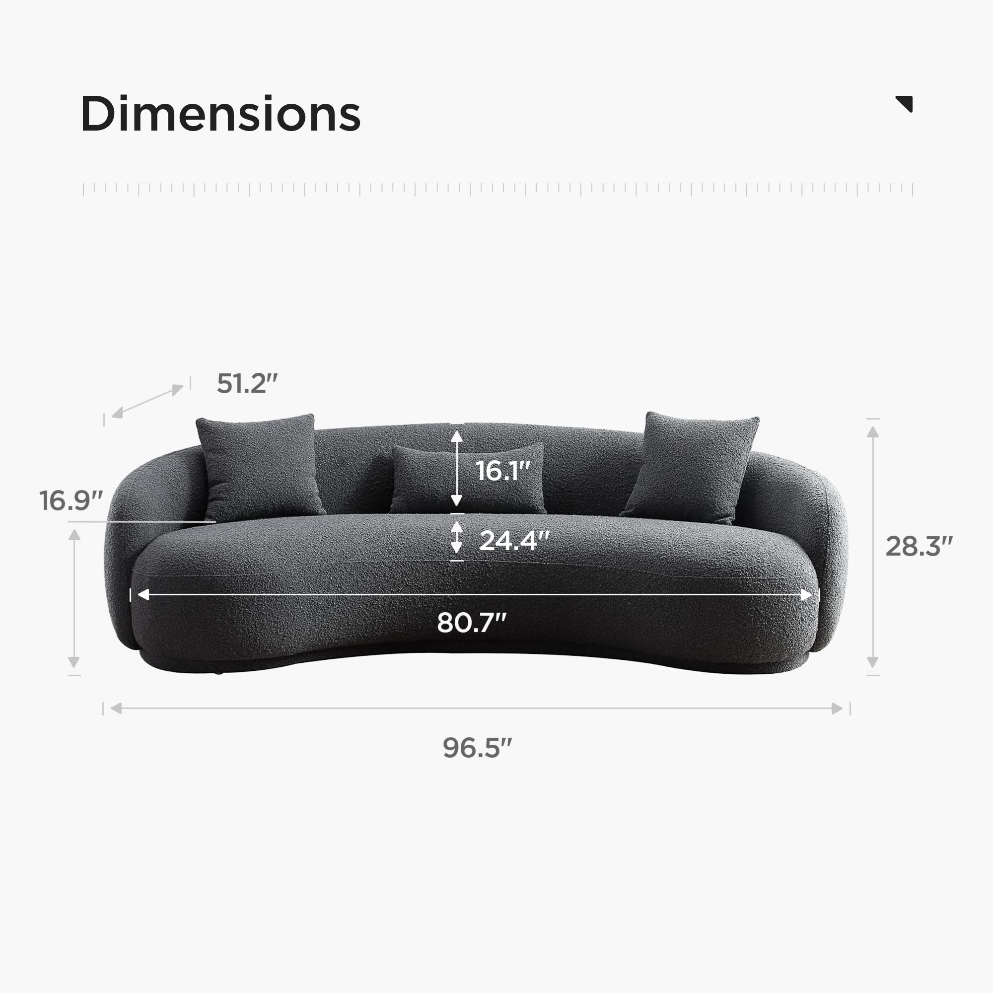 Acanva Mid Century Modern Curved Living Room Sofa, 4-Seat Boucle Fabric Couch for Bedroom, Office, Apartment, Grey