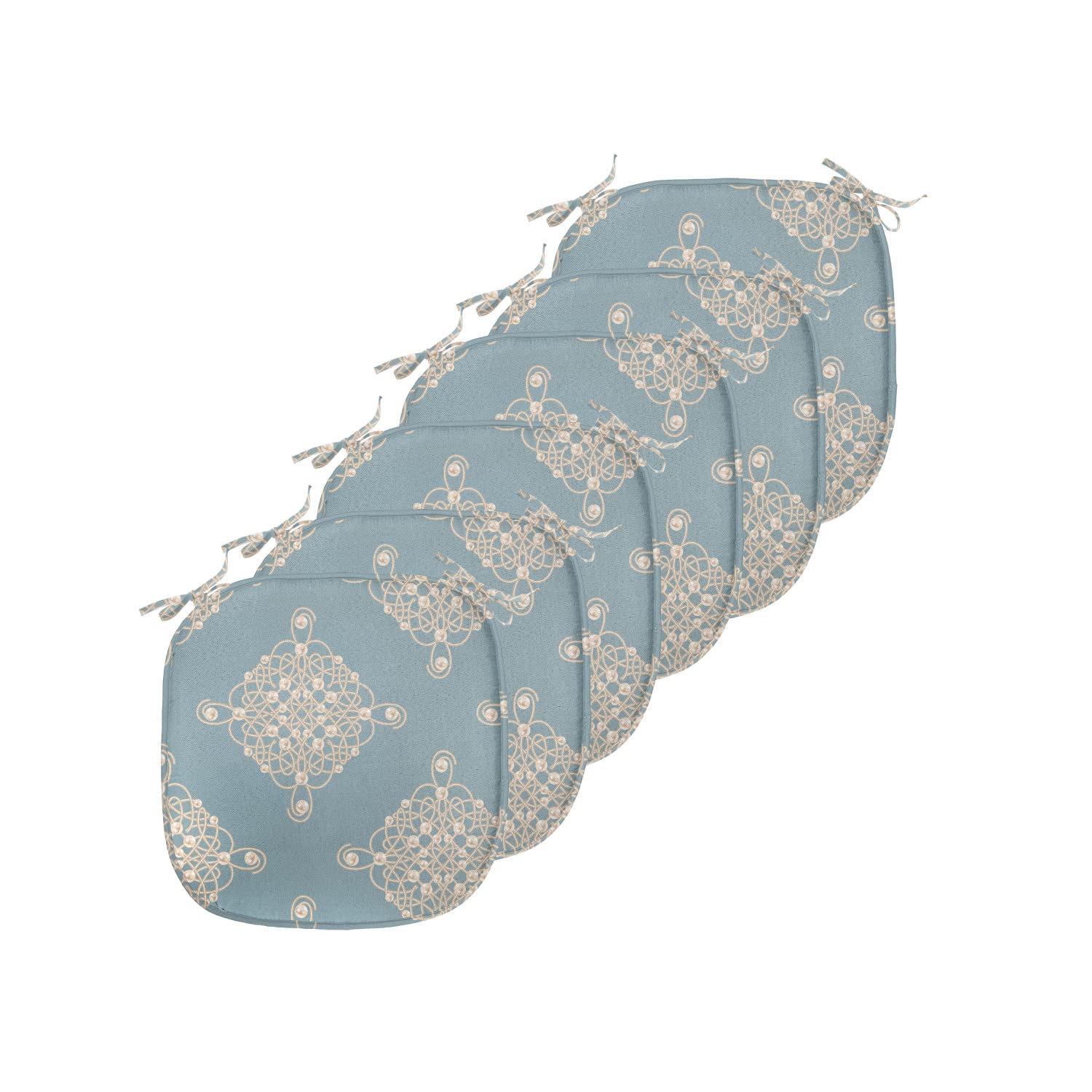 Ambesonne Pearls Chair Seating Cushion Set of 6, Abstract Swirled and Curved Lines Symmetrical Design Elements Vintage Royal, Anti-Slip Seat Padding for Kitchen & Patio, 16"x16", Pale Slate Blue Tan