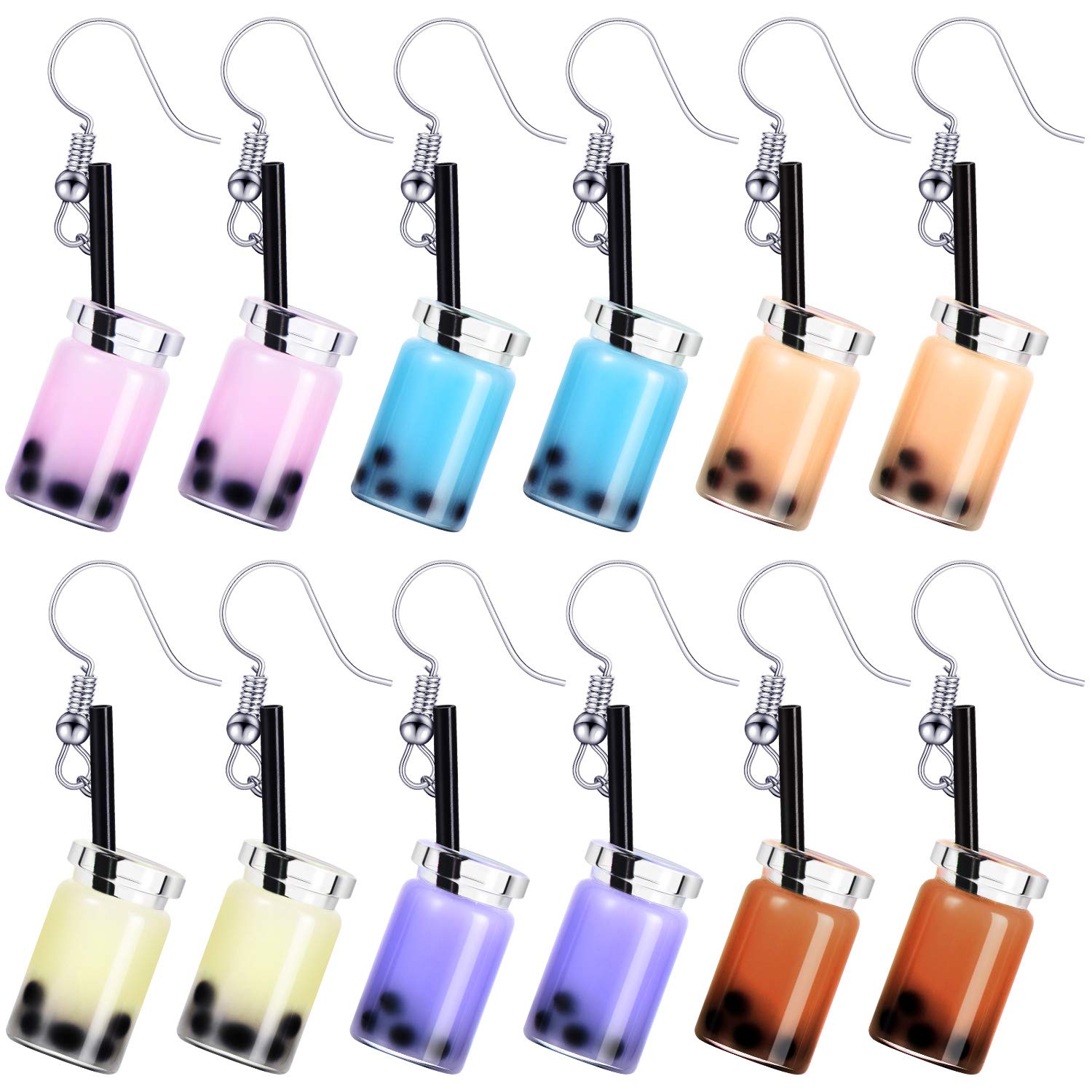 6 Pairs Cute Pearl Milk Bubble Tea Earrings Dangle Boba Drop Funny Earrings for Women Jewelry