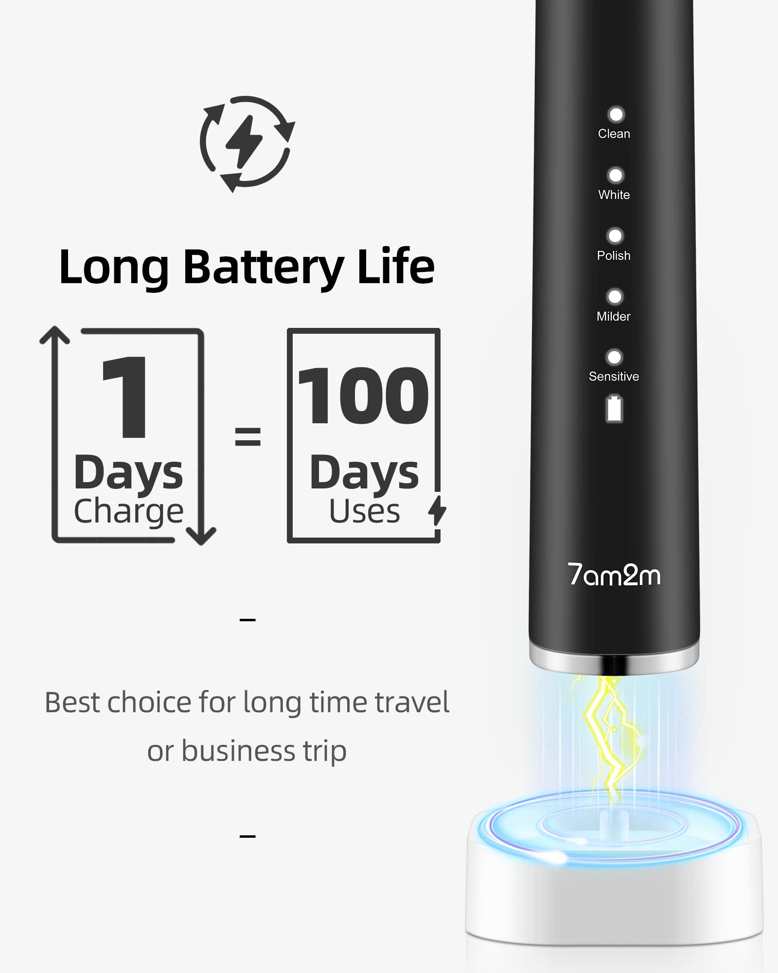 7AM2M Rechargeable Sonic Electric Toothbrush AM101 Package with 10 Brush Heads