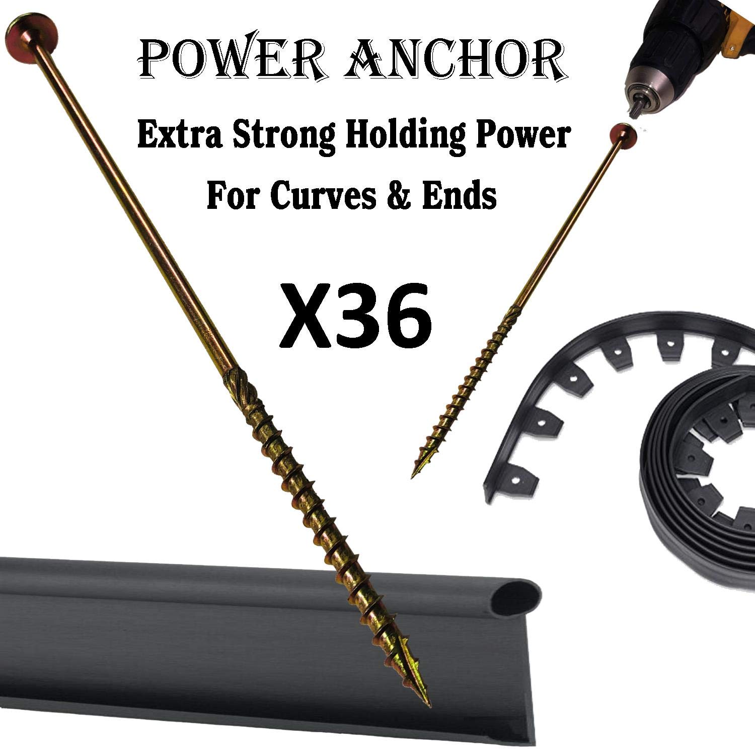 Keyfit Tools Power Anchor (36 Pk) Landscape Edging Artificial Synthetic Turf Stake Drill in Anchors Curves Turns Ends & Where Edging Needs Extra Anchoring Staples Spikes Nails 10 inch Self Drilling