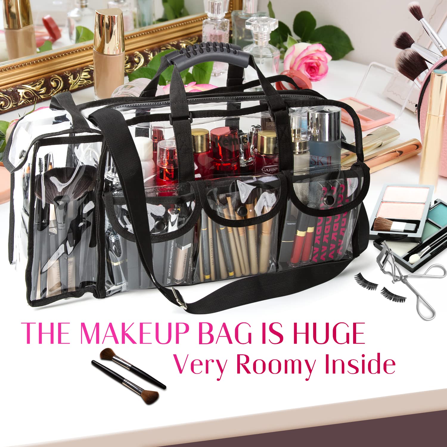 Kemier Clear Travel Makeup Bag with 6 External Pockets,Cosmetic Organizer Case with Shoulder Strap,Large