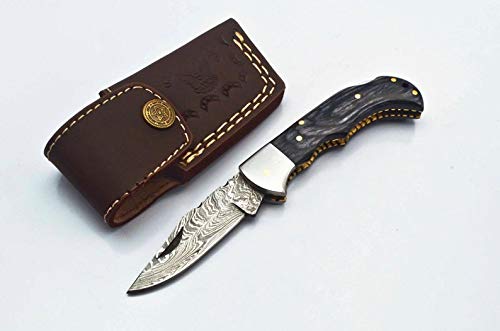 6.75'' Custom Hand Made Forged Knife Hunter Knife Damascus Steel Bowie Knife Handle Ironwood Folding with Leather Sheath