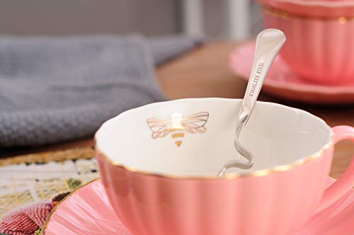 Jusalpha Fine China Pink Coffee Cup/Teacup Set, 7 OZ Cups& Saucer Service for 4, with Teapot-Sugar Bowl-Cream Pitcher Teaspoons and tea strainer for Tea/Coffee, 17-Pieces (TW Full set)