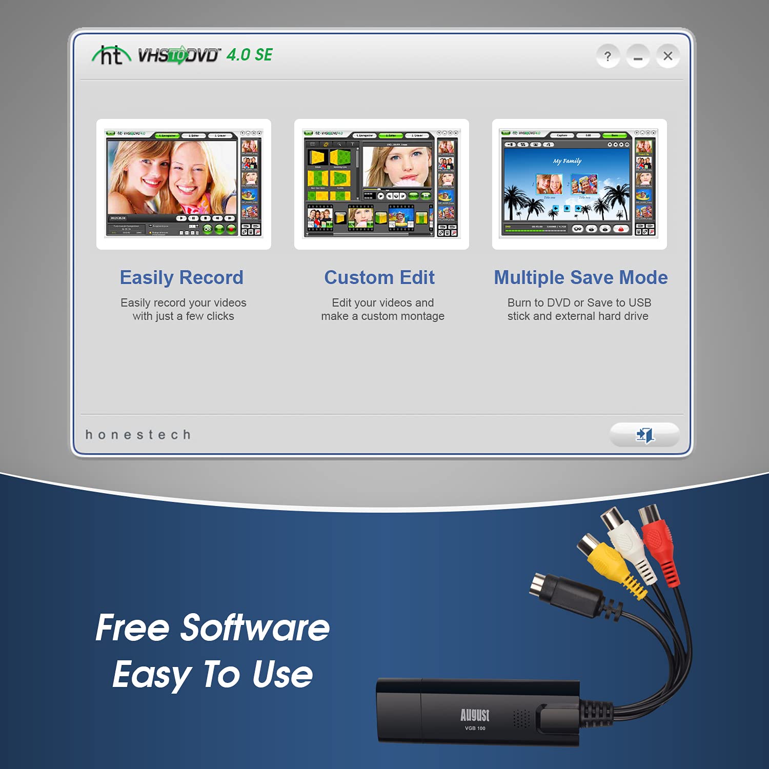 August VGB100 - External USB Video Capture Card - S Video/Composite to USB Transfer Cable - Grabber Lead for Windows 10/8 / 7 / Vista/XP