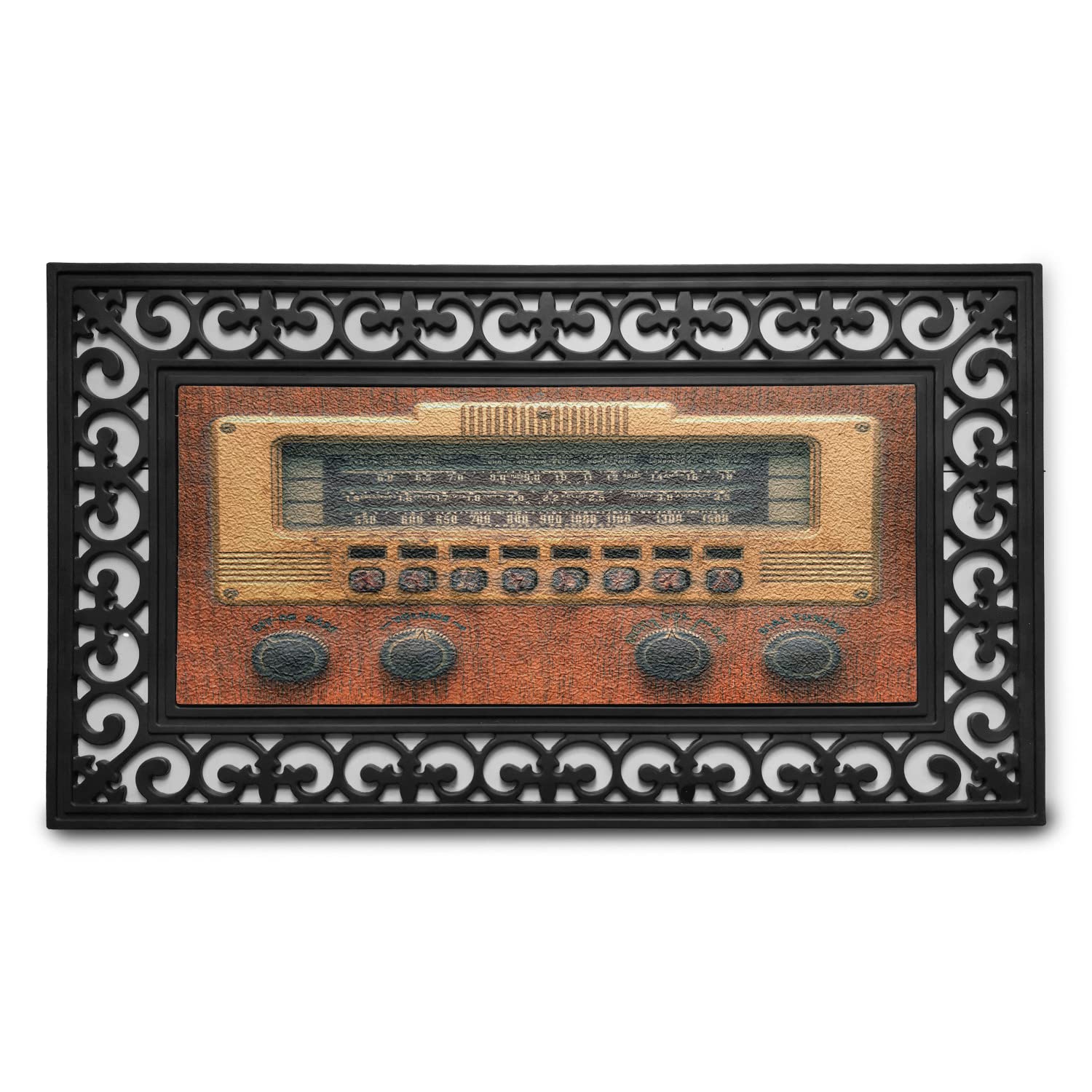 Ambesonne Vintage Doormat, Retro Antique Radio Music Player Enjoyment Holiday Theme Art Print, Rectangle Entryway Welcome Mat for Front Door & Backyard, 17.3" x 29.3", Brown Ecru