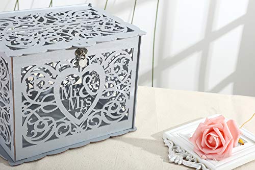 Mimacoo Wedding Money Box Holder with Sign, Large Rustic Wood Wooden DIY Envelop Gift Card Shadow Boxes with Lock Slot for Reception Anniversary (Silver)