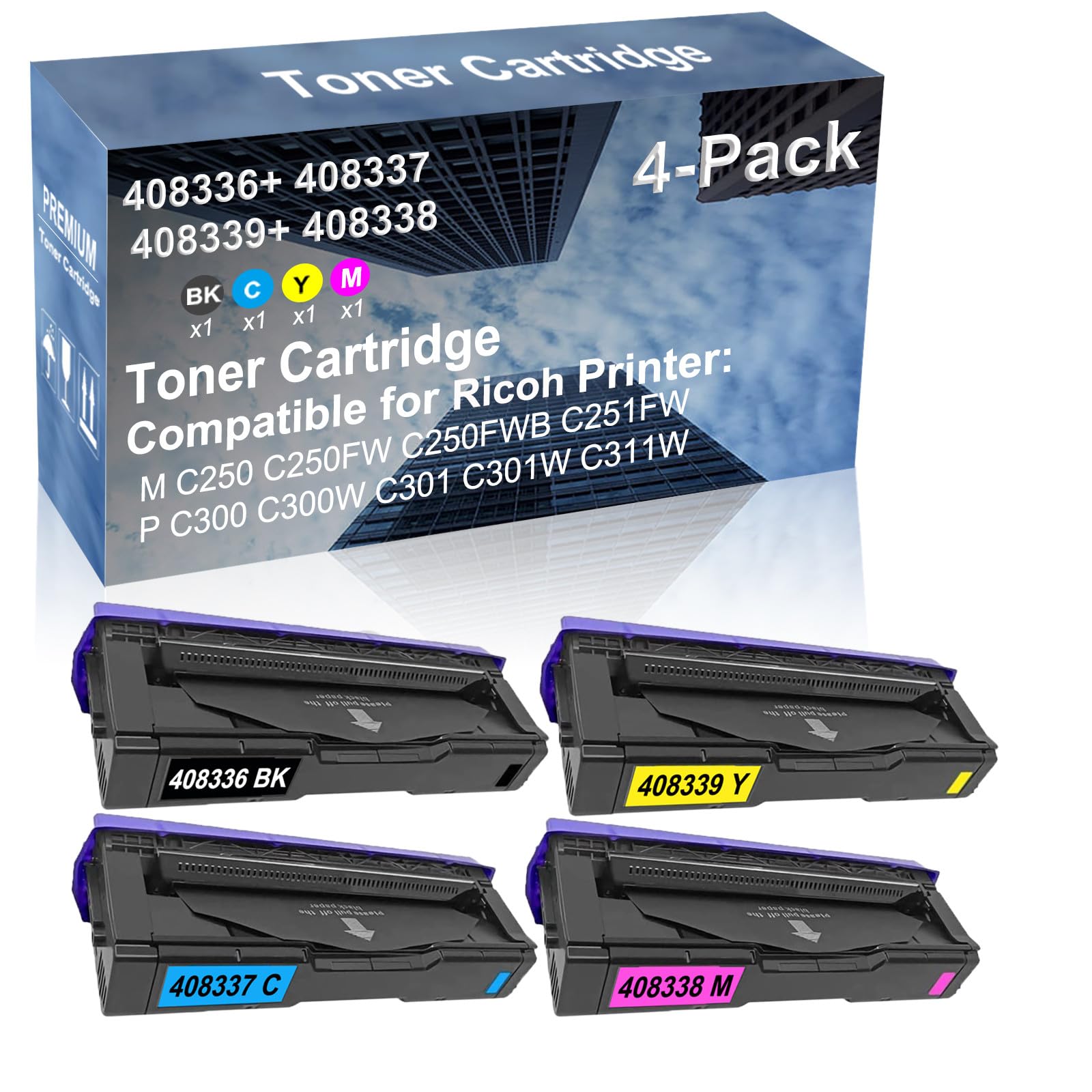 4-Pack (BK+C+Y+M) Compatible M C250 C250FW C250FWB C251FW Printer Toner Cartridge High Capacity Replacement for Ricoh 408336+ 408337+ 408339+ 408338 Toner Cartridge