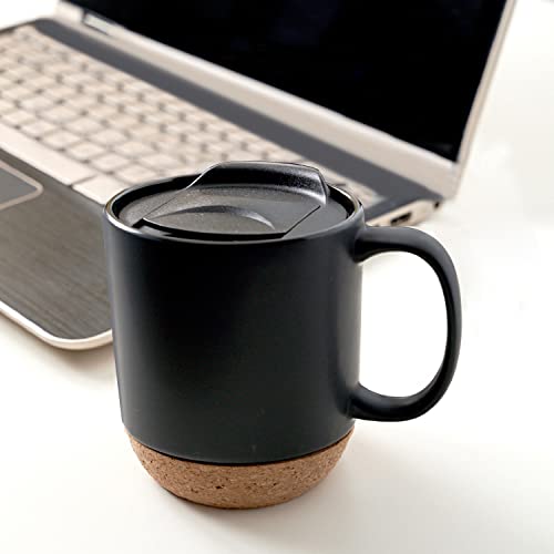 Ceramic Coffee Mug w/Lid and Cork Coaster Base - 12oz Slideproof Coffee Cups w/Handle and Sip and Cover Lid - Set of 2 Dishwasher Safe Ceramic Travel Mugs - Reusable Black Insulated Cup