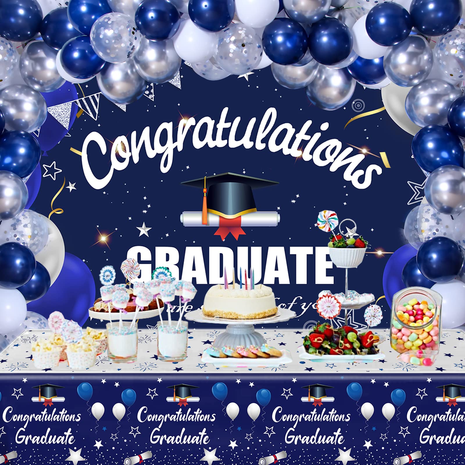 Graduation Decorations Class of 2024, Navy Blue Graduation Decorations, Graduation Party Decorations 2024 with Congratulations GRADUATE Backdrop Banner Balloons Tablecloths for Nurse College Preschool