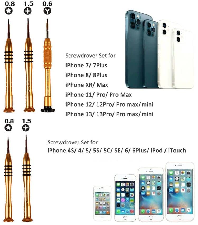 oGoDeal Screwdriver Set Kit for Apple iPhone 8 8 Plus 7 7 Plus 11 12 13 Pro Max Mini Screwdriver Set 1.5mm Phillips,0.8mm Star Pentalobe Screwdriver,Y 0.6mm Tri-point Triwing iPhone X Repair Tool Kit