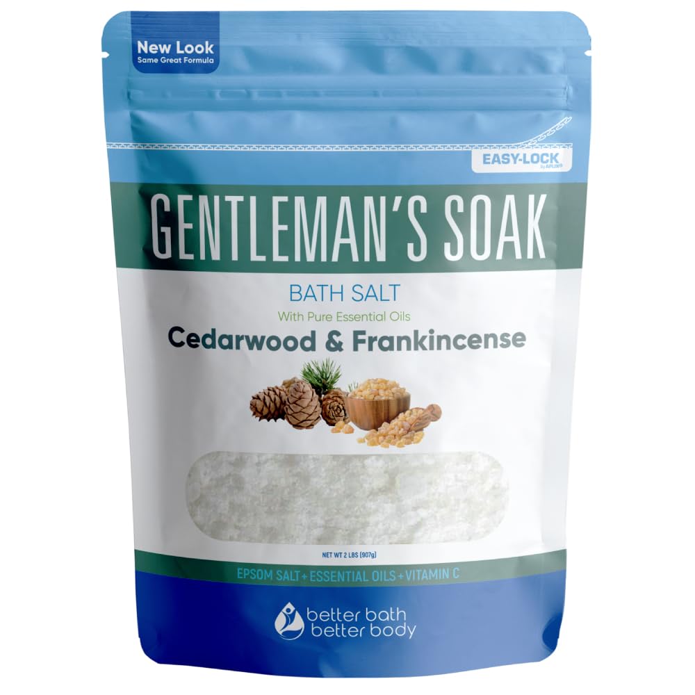 Gentleman's Bath Salt 32 Ounces Epsom Salt with Natural Cedarwood, Frankincense, Eucalyptus and Peppermint Essential Oils Plus Vitamin C in BPA Free Pouch with Easy Press-Lock Seal