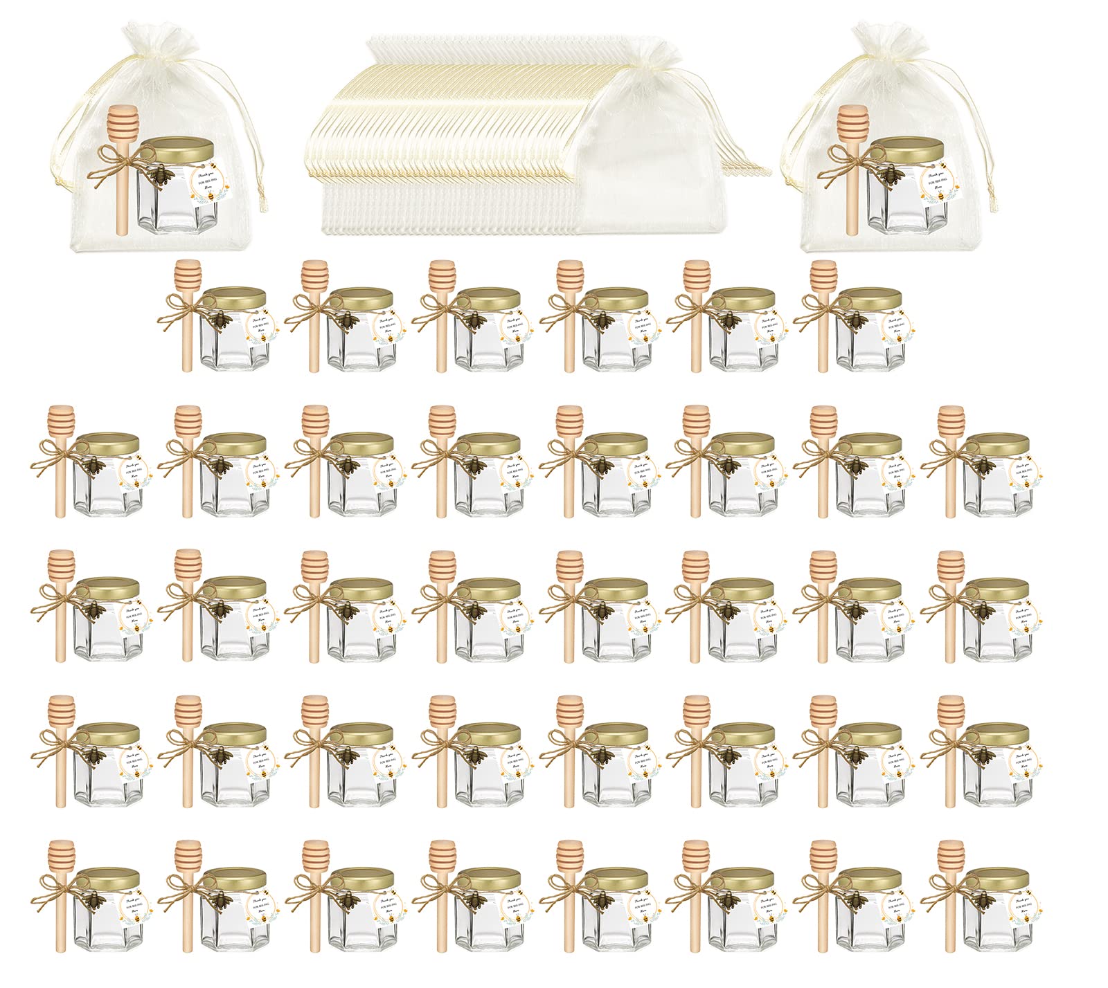 Adabocute 40 Pack Mini Honey Jars with Wood Dipper | Gold Lid | Bee Pendants| | Beige Gift Bags | Thanks for Beeing Here Tags | Ideal for Baby Showers & Wedding Favors