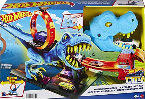 Hot Wheels Toy Car Track Set City T-Rex Chomp Down with 1:64 Scale Car, Knock Out the Giant Dinosaur with Stunts