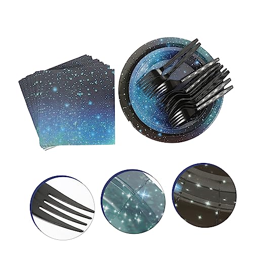 jojofuny 24 Set Space Tablecloth Kids Dinnerware Disposable Paper Plates Party Paper Plate Outer Space Party Decorations Star Plates Fork Paper Tray Tableware Tissue Blue Props Child Abs