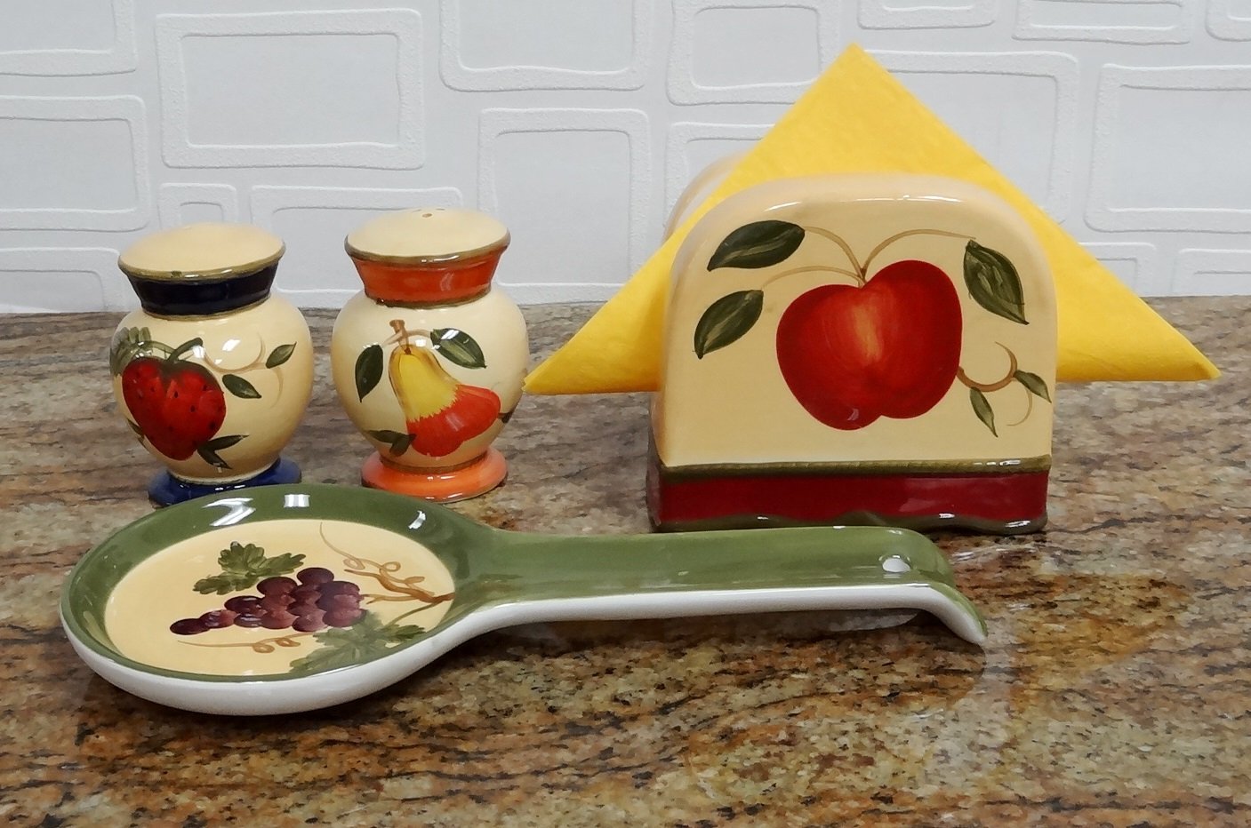 ACK Tuscany Garden Ceramic Colorful Hand Painted Mixed Fruit 4PCs Stove/Table Top Set,Pepper and Salt Shakers,Napkin Holder and Spoon Rest, Kitchen Décor