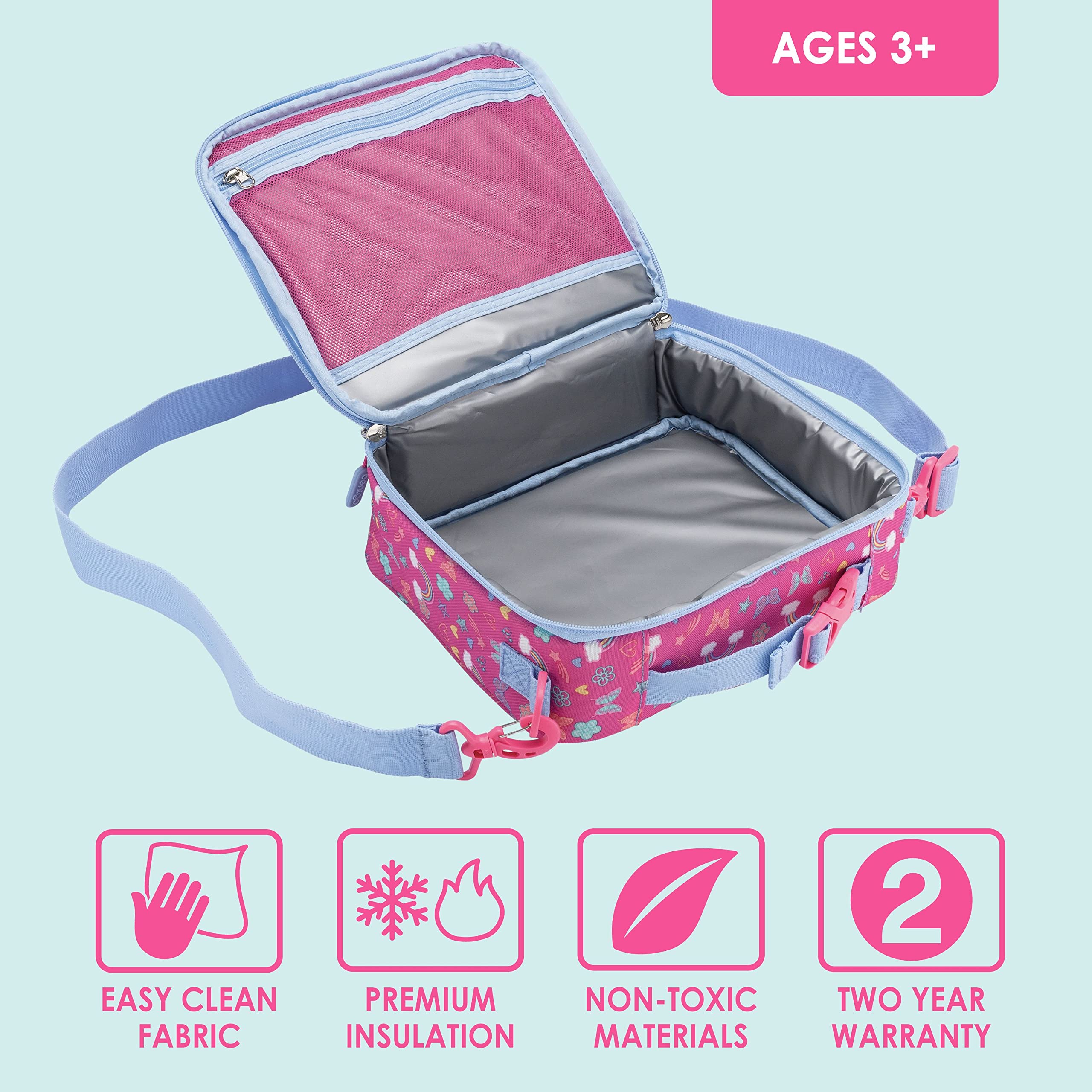 Bentgo® Kids Lunch Bag - Durable, Double Insulated, Water-Resistant Fabric, Interior & Exterior Zippered Pockets, Water Bottle Holder - Ideal for Children 3+ (Rainbow)