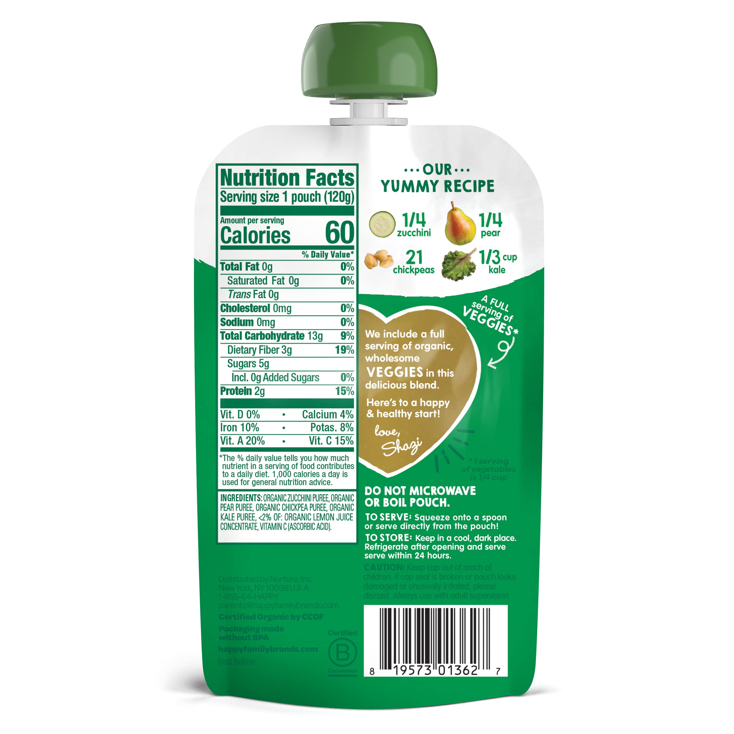 Happy Tot Organic Stage 4 Baby Food, Love My Veggies, Zucchini/Pear/Chickpeas & Kale, 4.2 Ounce (Pack of 8)
