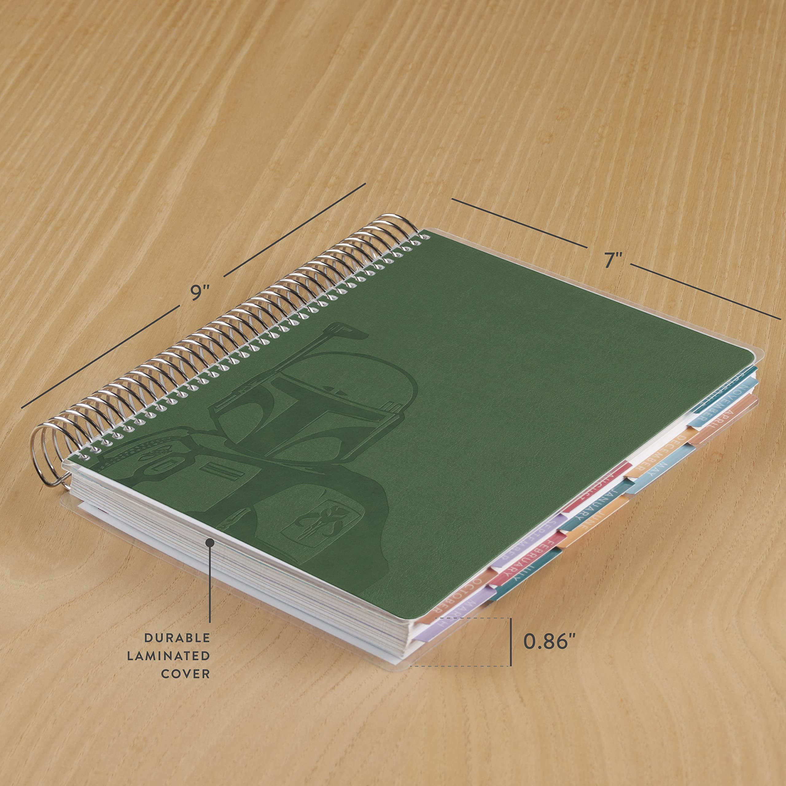 7" x 9" Academic 12 Month Planner Spiral Bound (August 2023 - July 2024) - Boba Fett Moss Vegan Leather Cover + Star Wars Theme. Pages for Class Schedule, Notes, Projects & Exams by Erin Condren