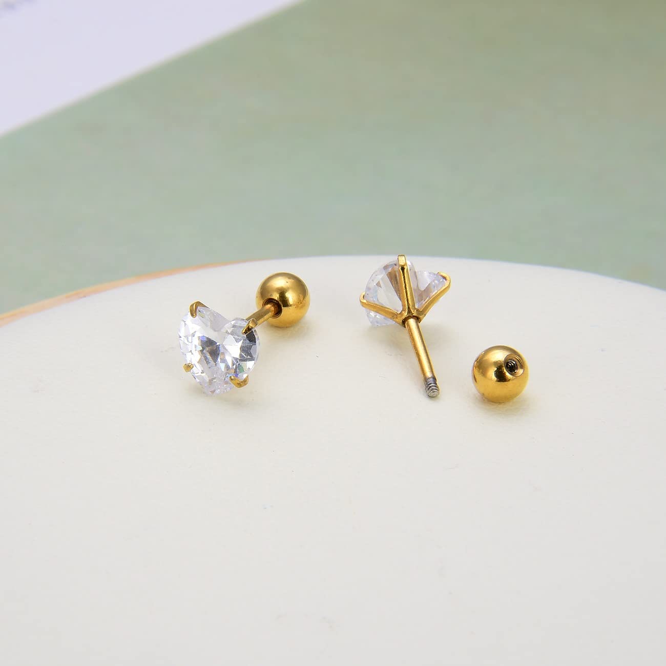 4 Pairs Screw Back Surgical Stainless Steel Stud Earrings, Gold Plated Silver Heart Star Square Princess Cut Round CZ Cubic Zirconia Stud Earrings Set (Gold Heart CZ)