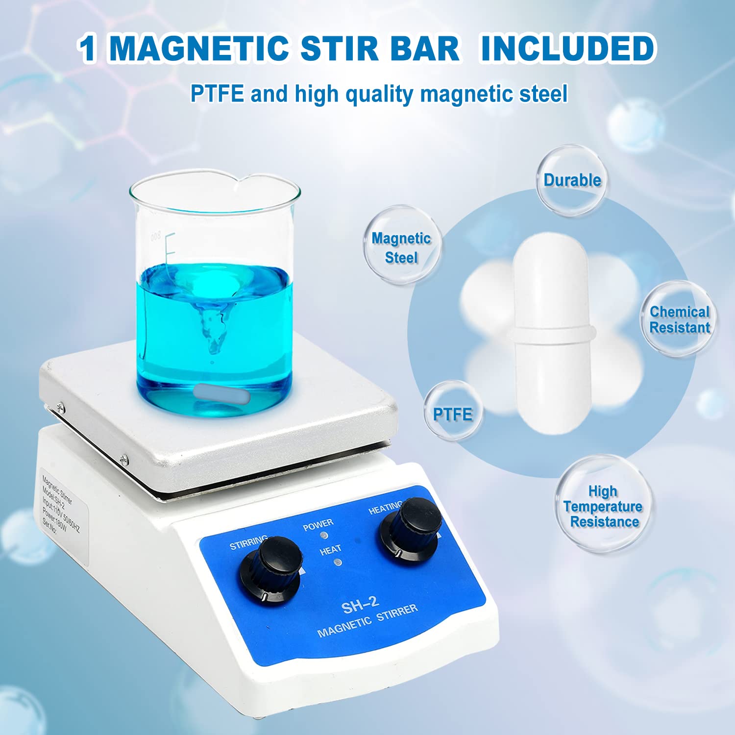 Yaeccc Magnetic Stirrer 4.7 x 4.7 Inch Heating Plate Magnetic Mixer SH-2 Hot Plate 1000ml Stirring Capacity Magnetic Stirrer Kit 180W 0~1600RPM 1L Volume Heating Power